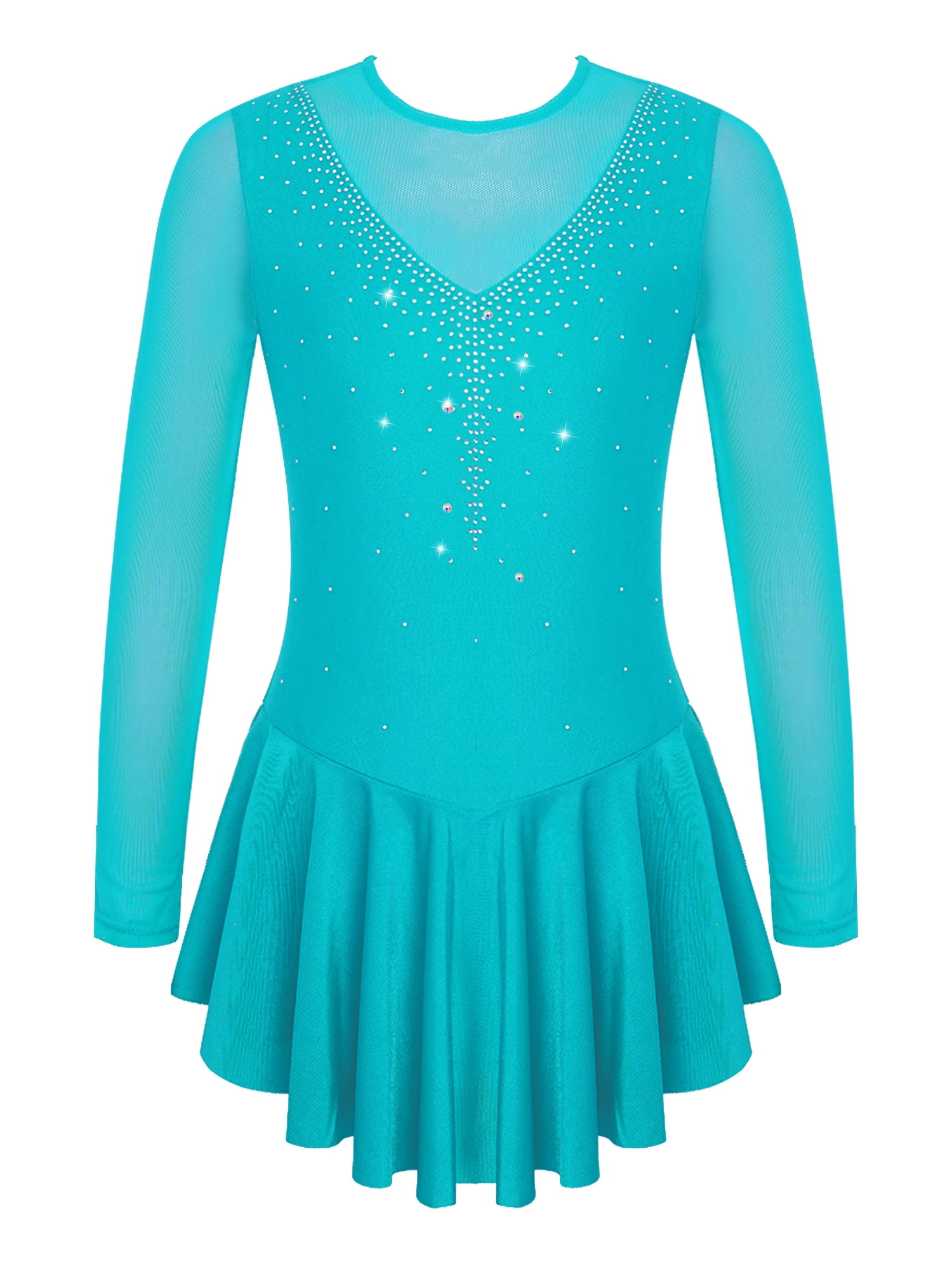 Doomiva Girls Rhinestone Mesh Spliced Figure Ice Skating Leotard Dress ...