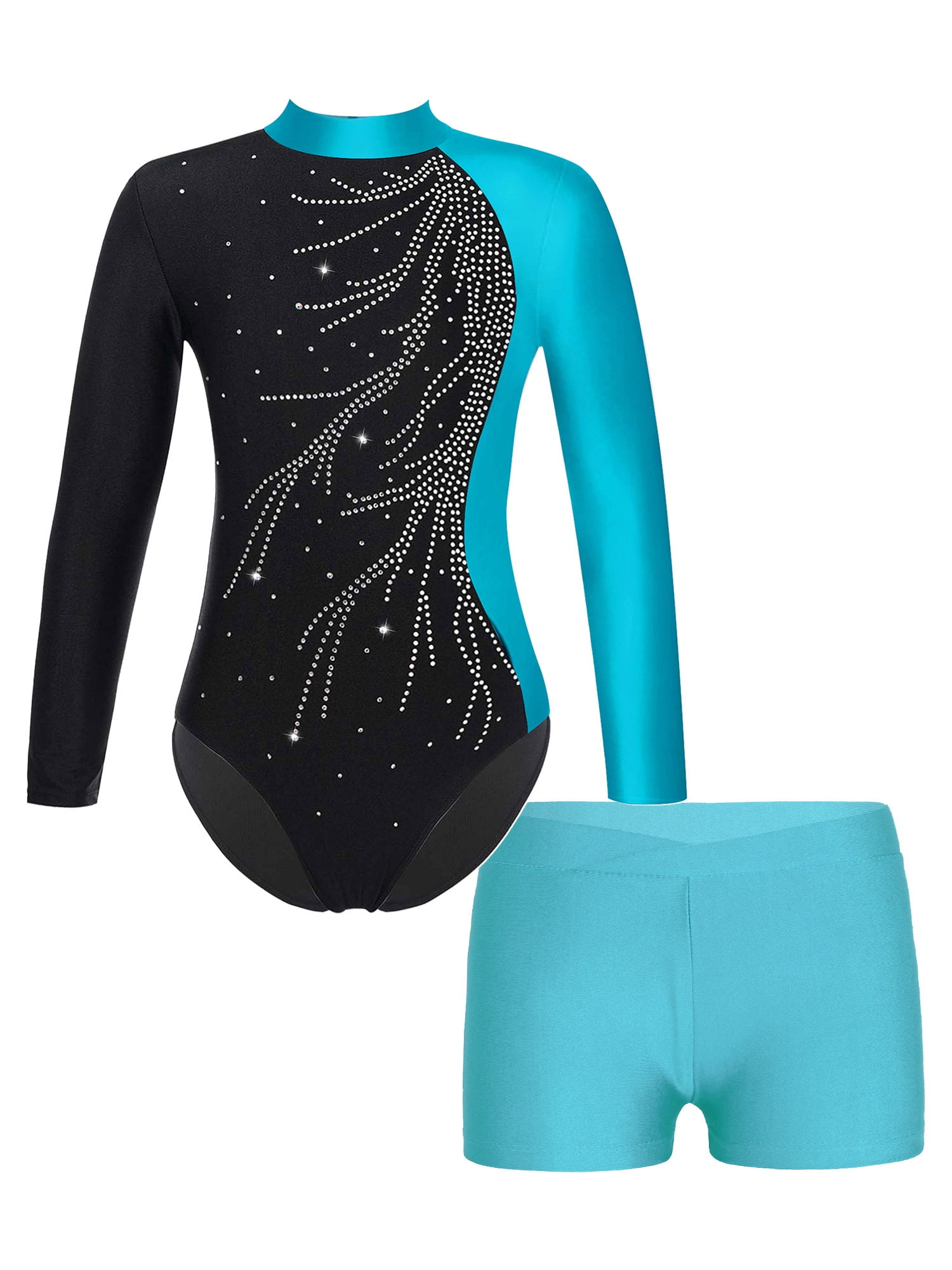 Doomiva Girls Shiny Rhinestone Long Sleeve Gymnastics Leotard Unitard ...