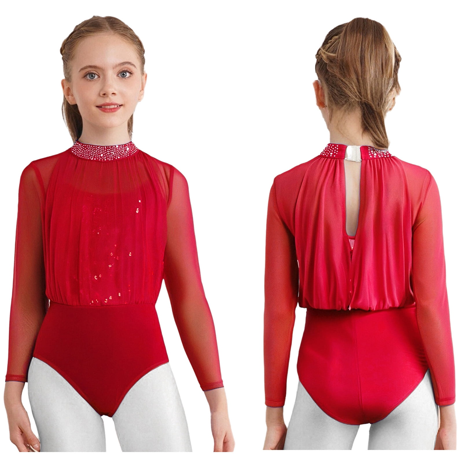 Doomiva Gymnastics Leotard for Girls Sparkly Sheer Mesh Long Sleeve ...