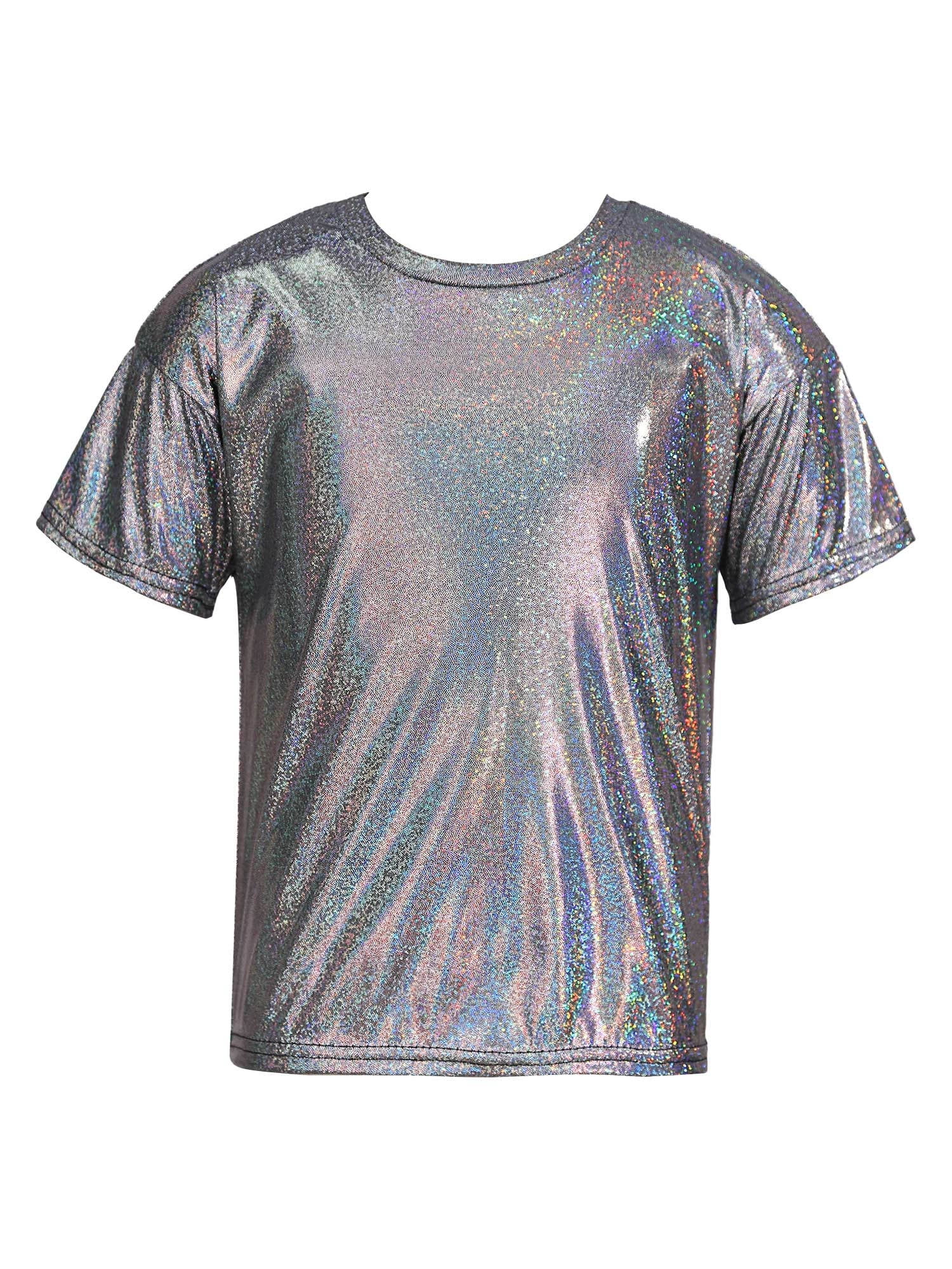 Doomiva Kids Boys Girls Shiny Metallic T-Shirt Short Sleeve Jazz Dance ...
