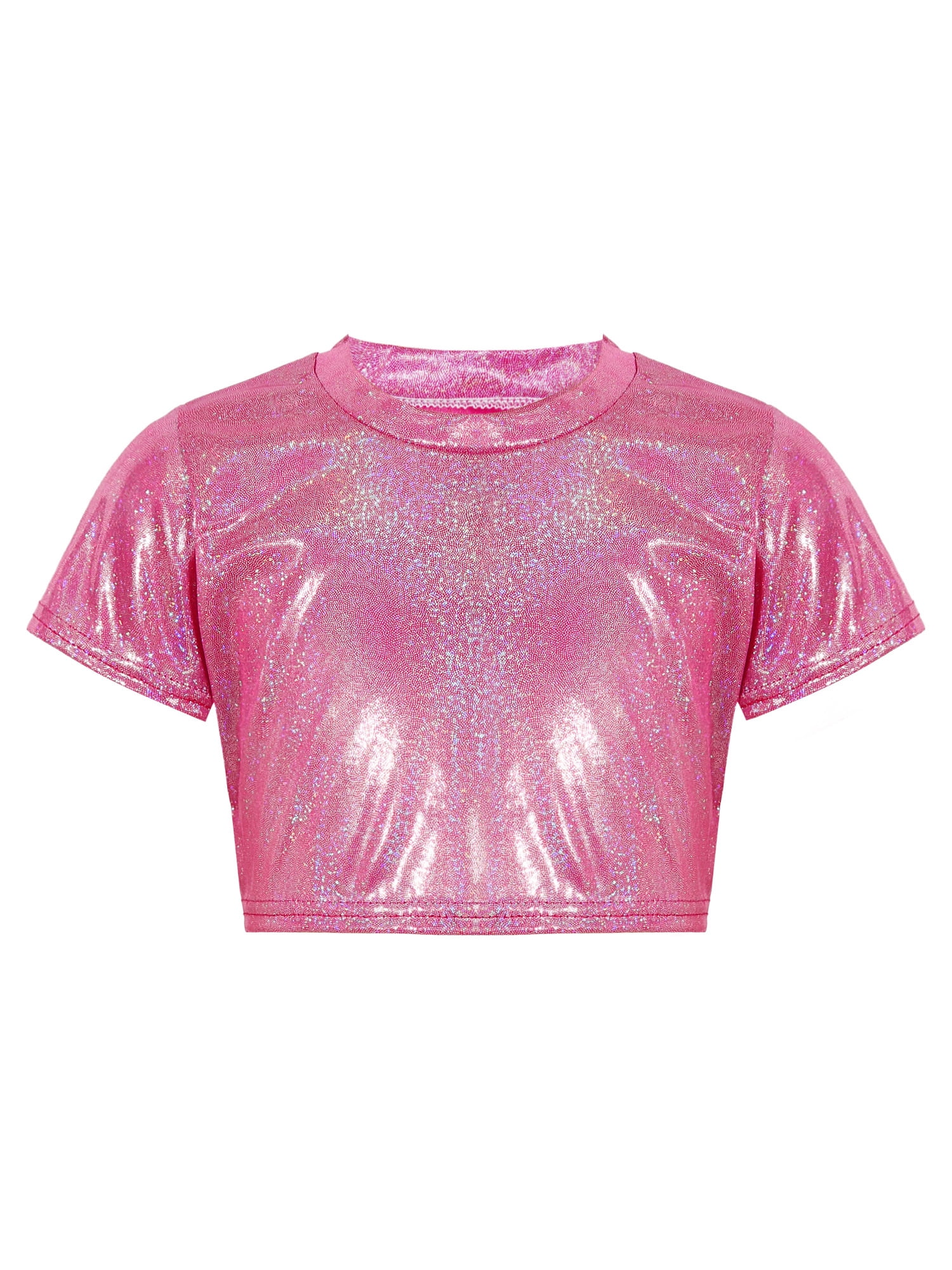 Doomiva Kids Girls Boys Shiny Dance Crop Top Short Sleeve Performance T ...