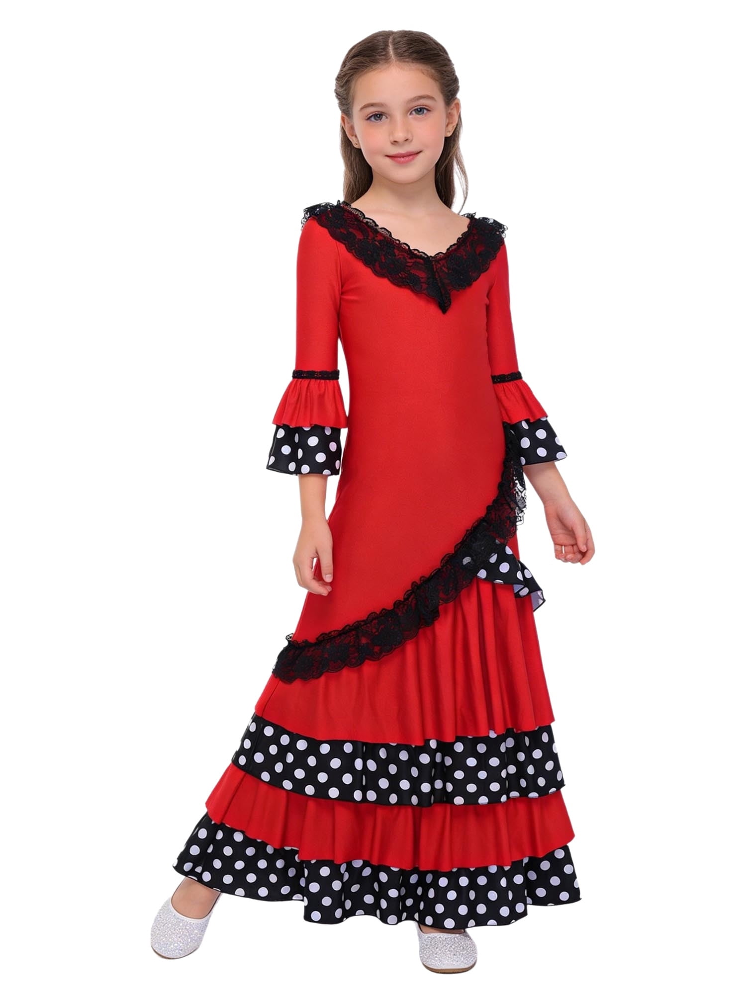 Doomiva Kids Girls Flamenco Dance Dress Ruffle Sleeve Polka Gypsy ...