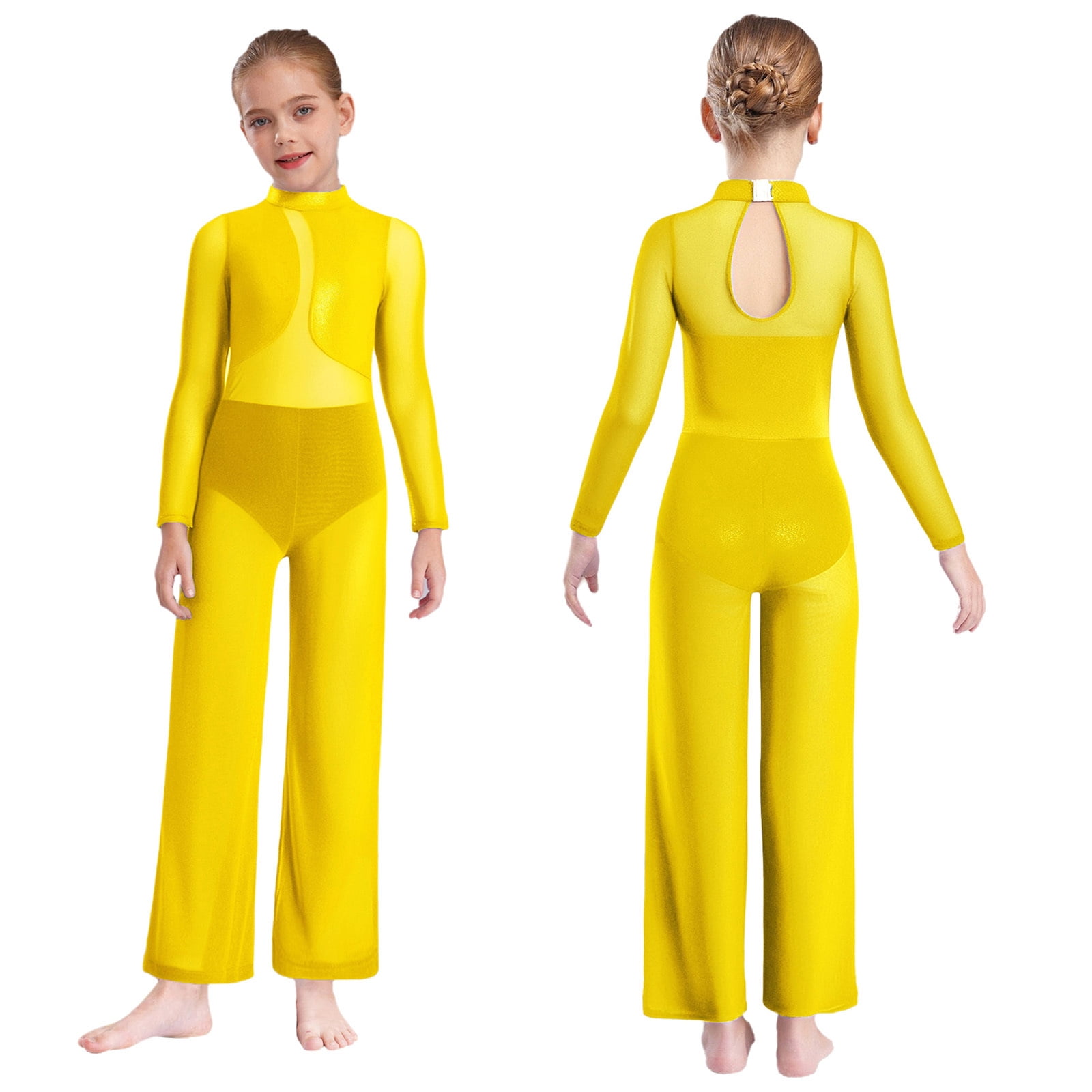 Doomiva Kids Girls Full Body Dance Unitards Metallic Long Sleeve Mesh Splice Ballet Bodysuit ...