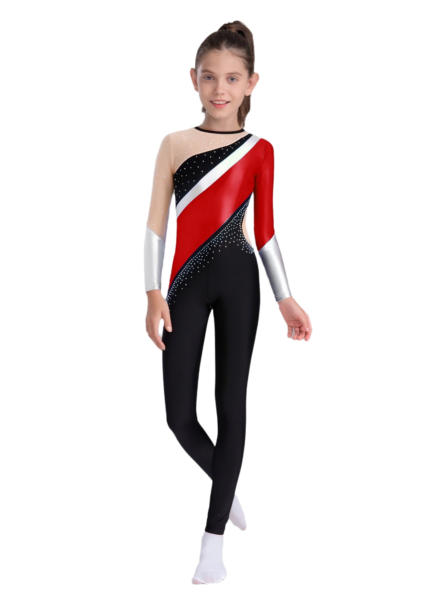Doomiva Kids Girls Full Body Long Sleeve Unitard Sparkly Rhinestone ...