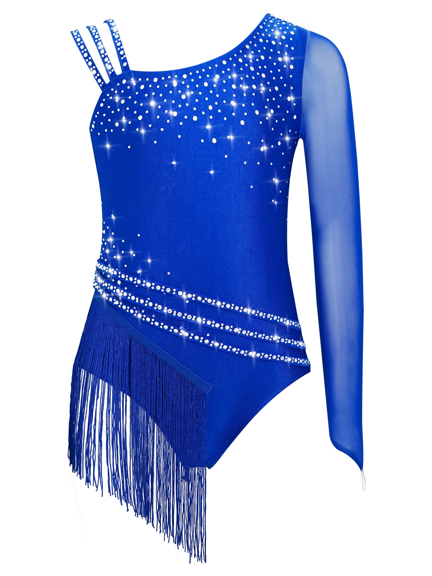 Doomiva Kids Girls Glittery Rhinestones Fringe Leotard Irregular Tassel Bodysuit for Figure ...
