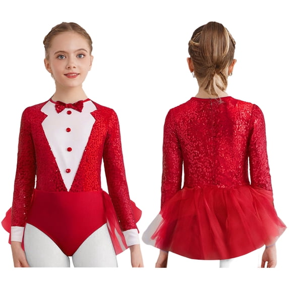 Doomiva Kids Girls Long Sleeve Sequins Tulle Gymnastics Skirted Leotard ...