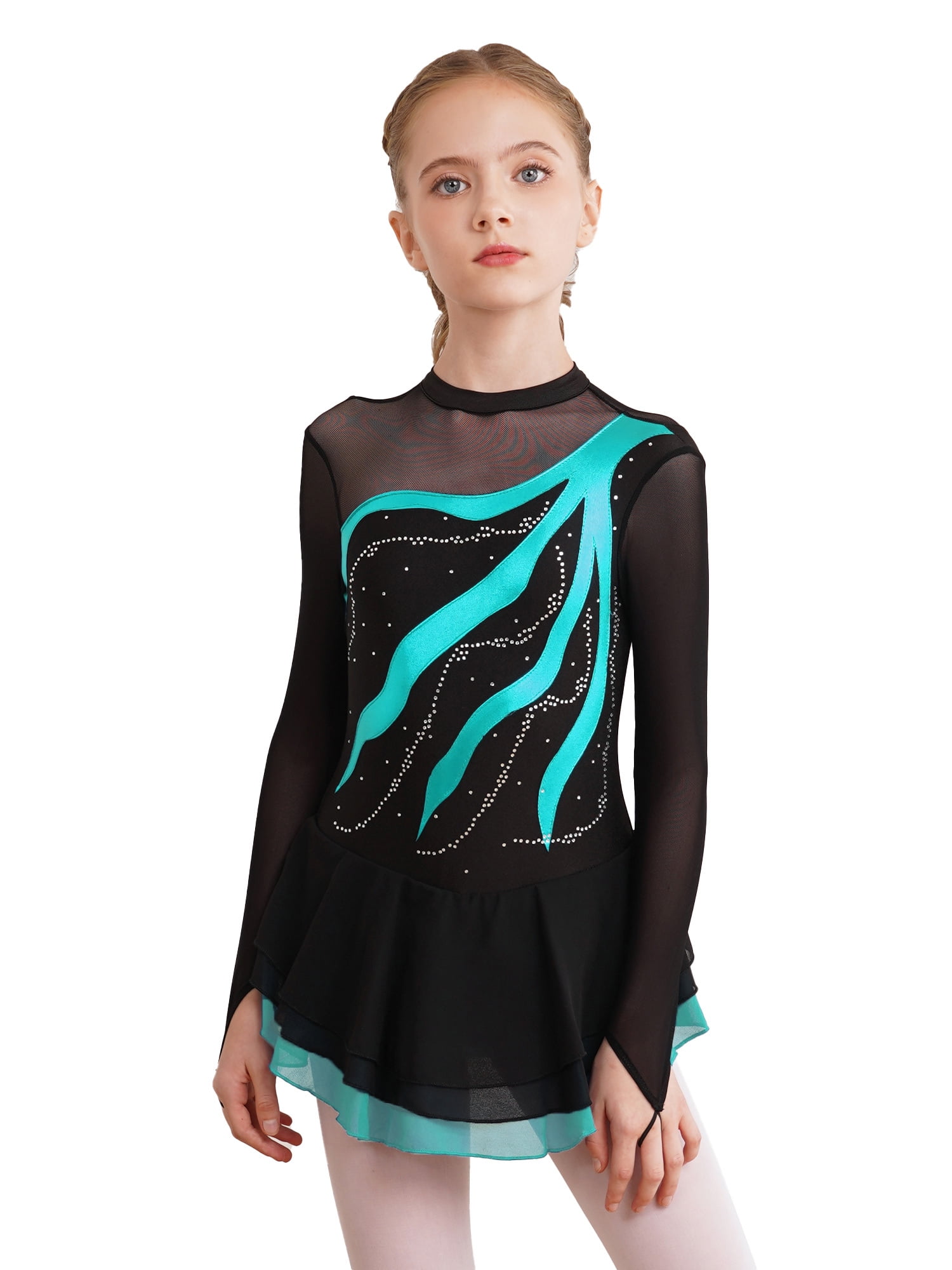 Doomiva Kids Girls Mesh Splice Figure Ice Skating Dress Long Sleeve ...