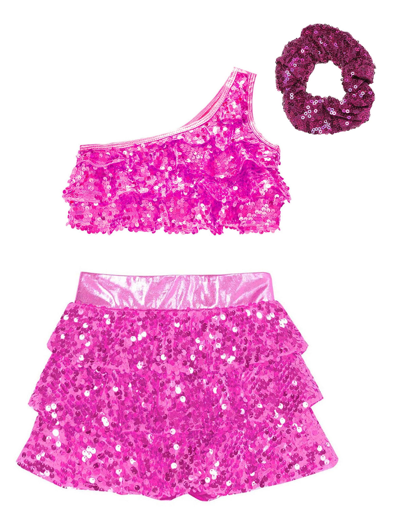 Doomiva Kids Girls Metallic Jazz Latin Ballet Dance Crop Top with Skirt ...
