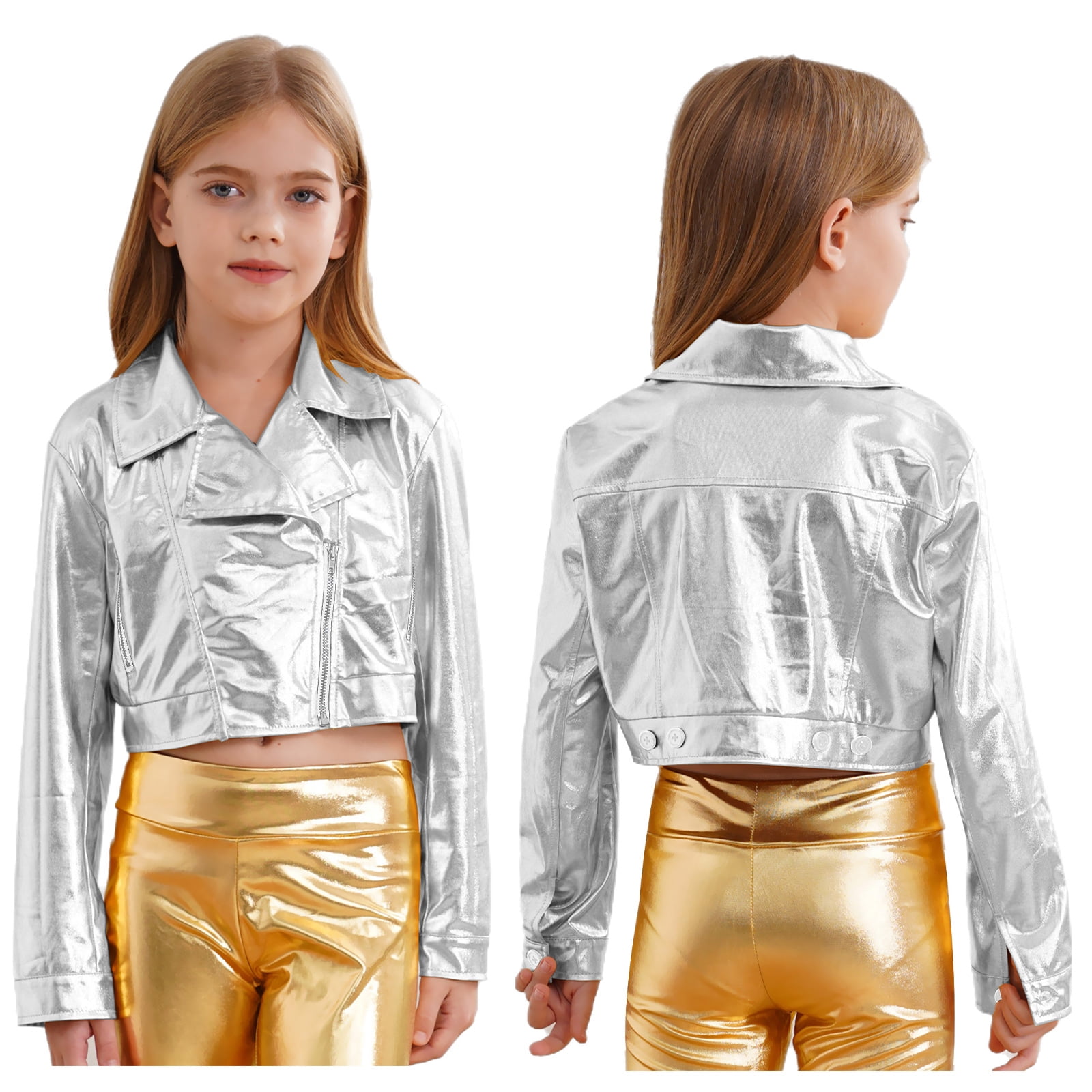 Doomiva Kids Girls Metallic Motorcycle PU Jacket Sparkly Zip Up Moto ...