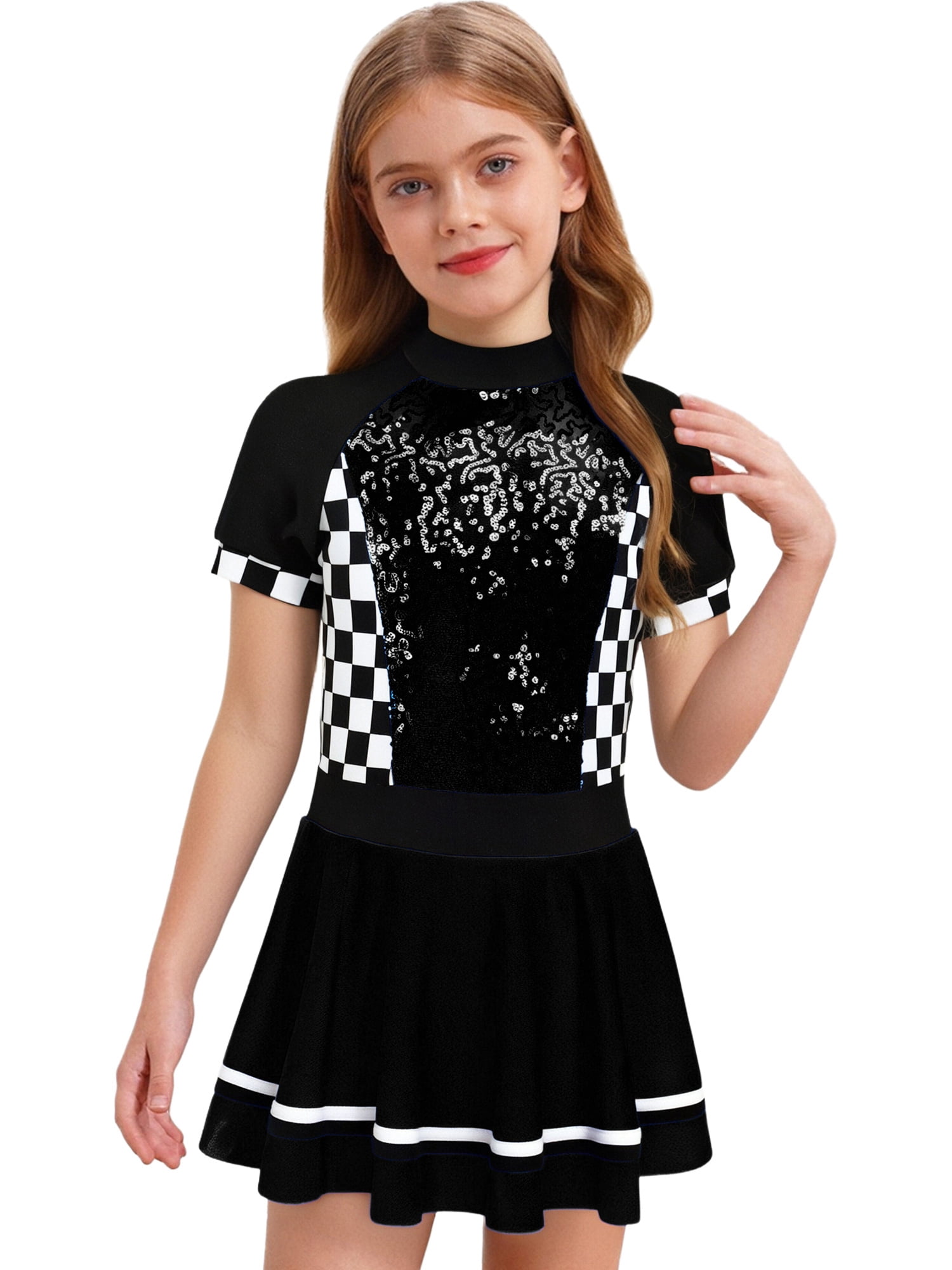 Doomiva Kids Girls Race Car Driver Dress Checkerboard Shiny Sequin ...