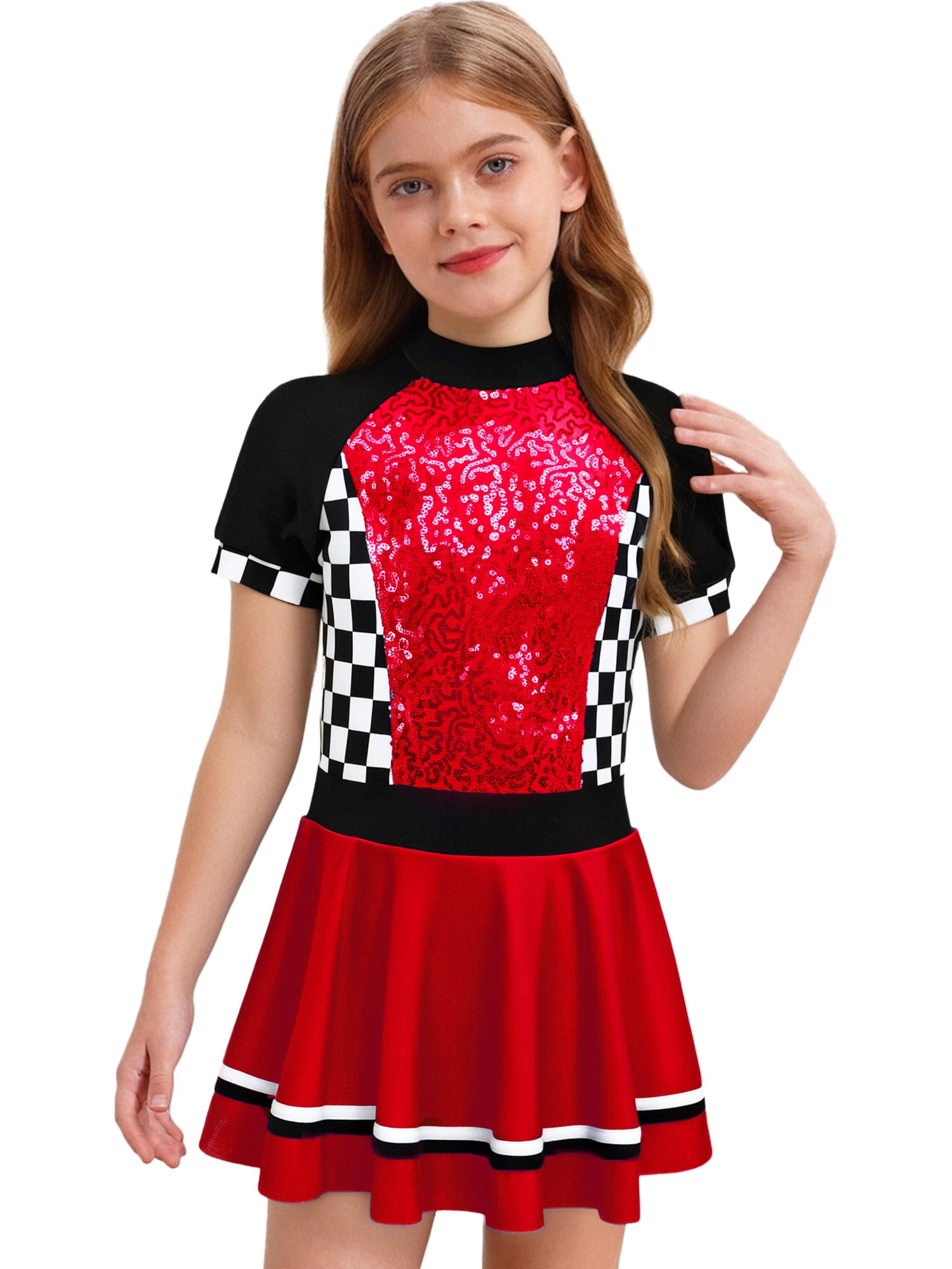 Doomiva Kids Girls Race Car Driver Dress Checkerboard Shiny Sequin ...