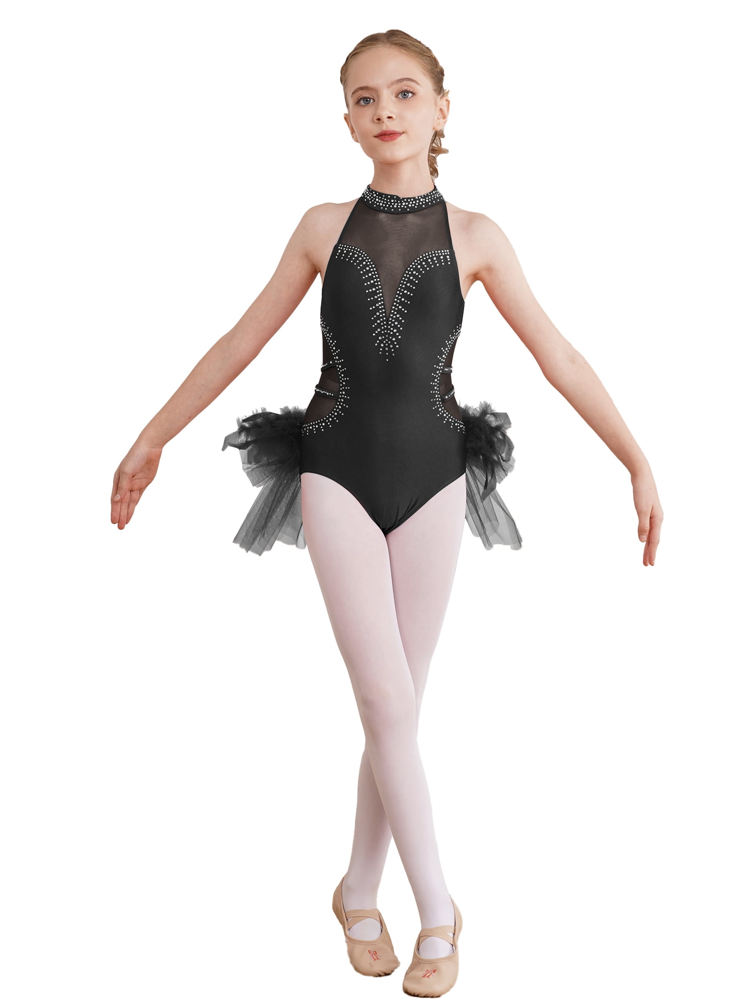 Doomiva Kids Girls Rhinestone Mesh Splice Mock Neck Sleeveless Feather ...