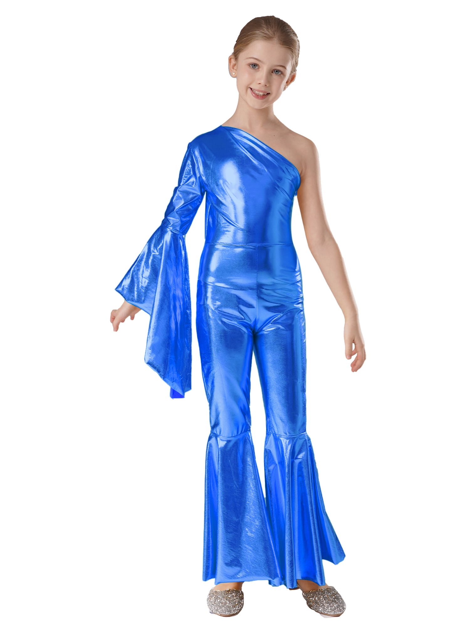 Doomiva Kids Girls Shiny Metallic Dance Jumpsuit One Shoulder Flare ...