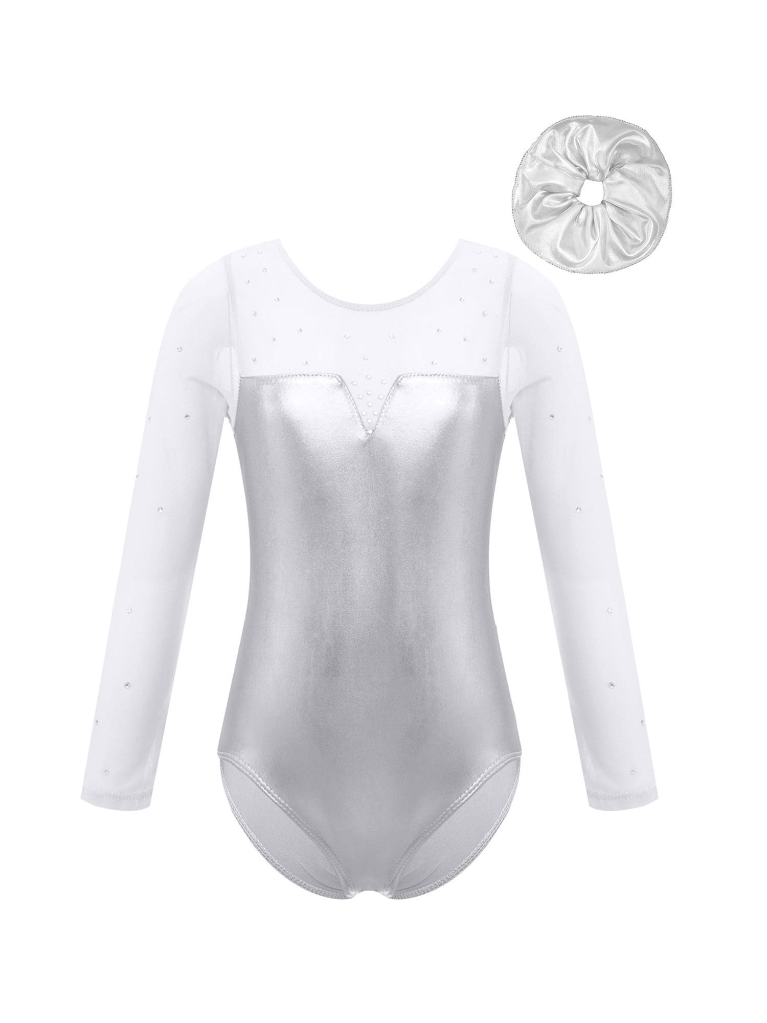 Doomiva Kids Girls Shiny Metallic Mesh Splice Long Sleeve Gymnastics ...