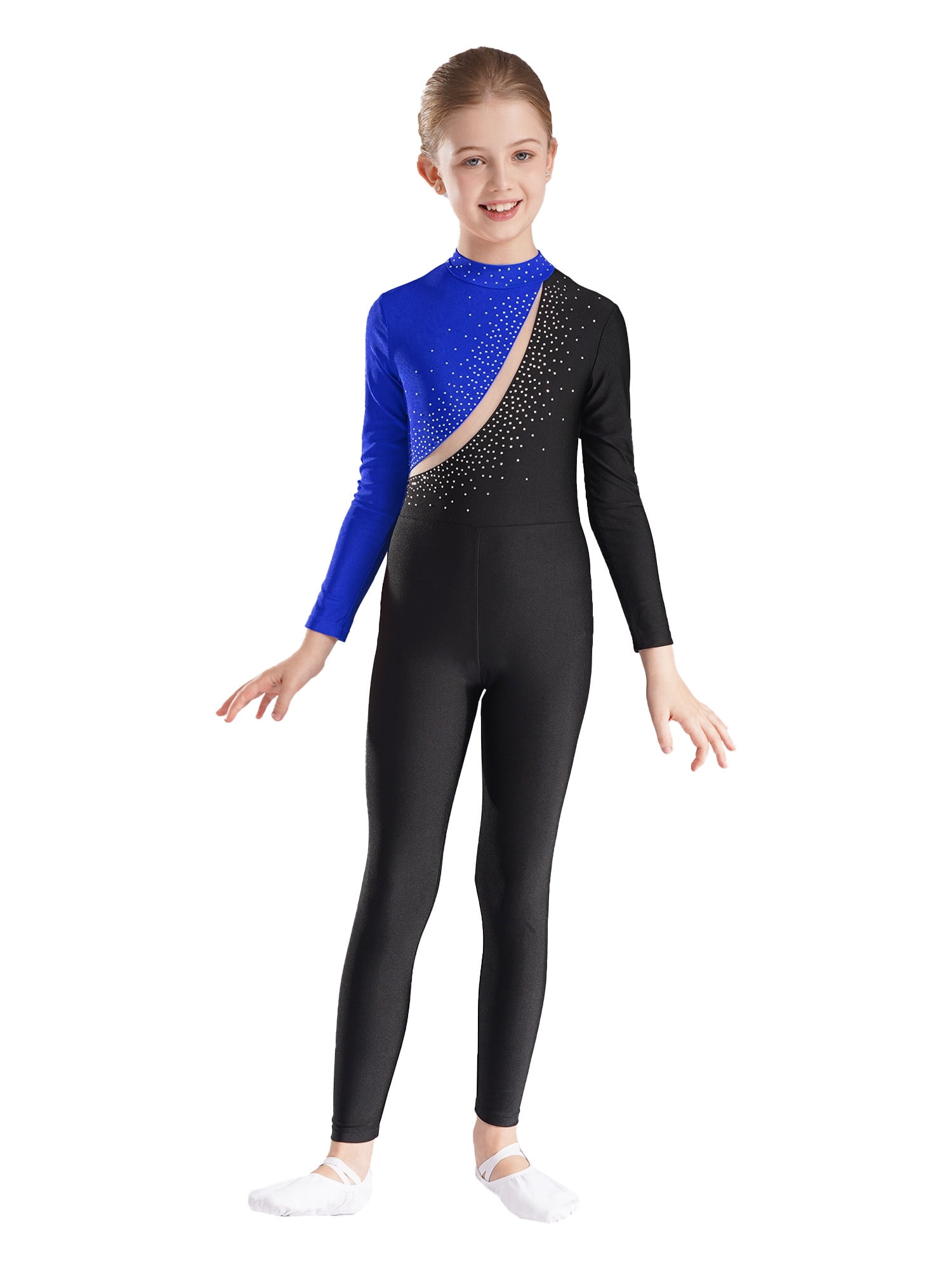 Doomiva Kids Girls Shiny Rhinestone Color Block Full Body Bodysuit ...