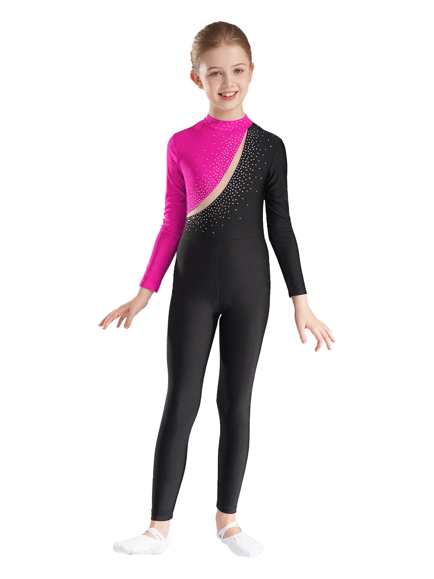 Doomiva Kids Girls Shiny Rhinestone Color Block Full Body Bodysuit ...