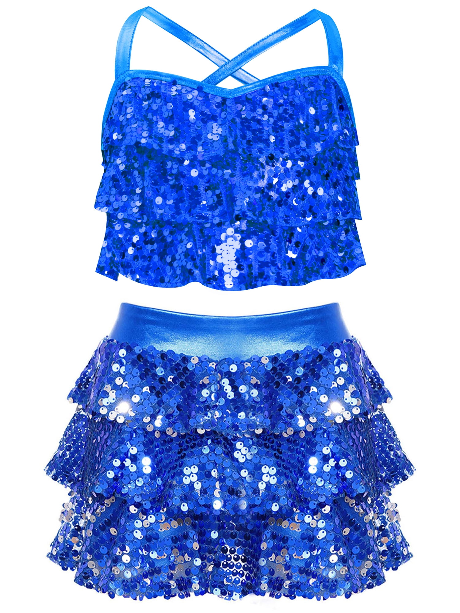 Doomiva Kids Girls Shiny Sequins Halter Tassel Crop Top with Mini Skirt ...