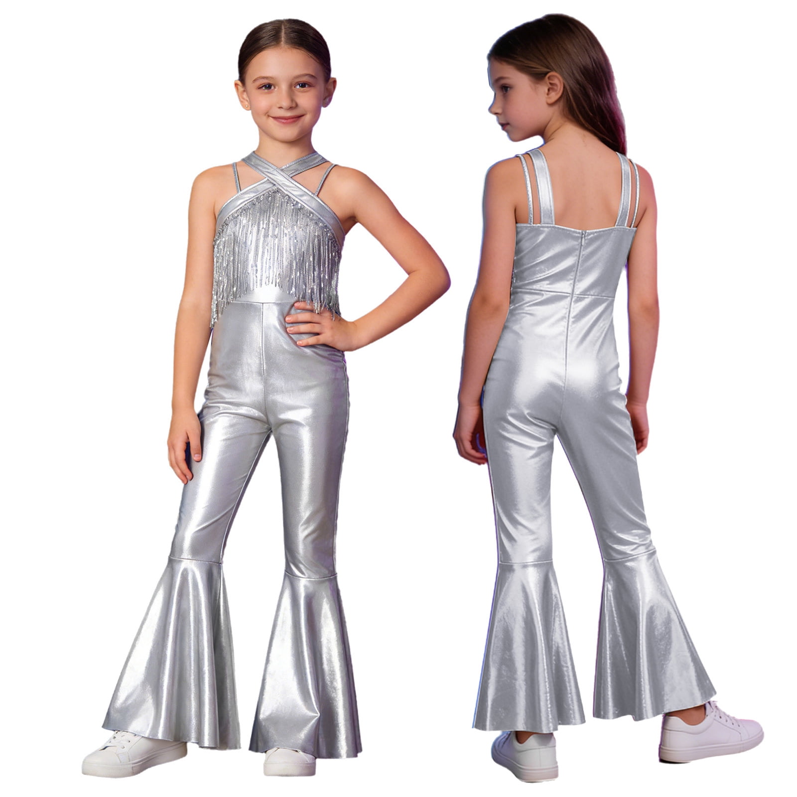 Doomiva Kids Girls Sparkly Metallic Flared Jumpsuit Sparkly Disco Dance ...