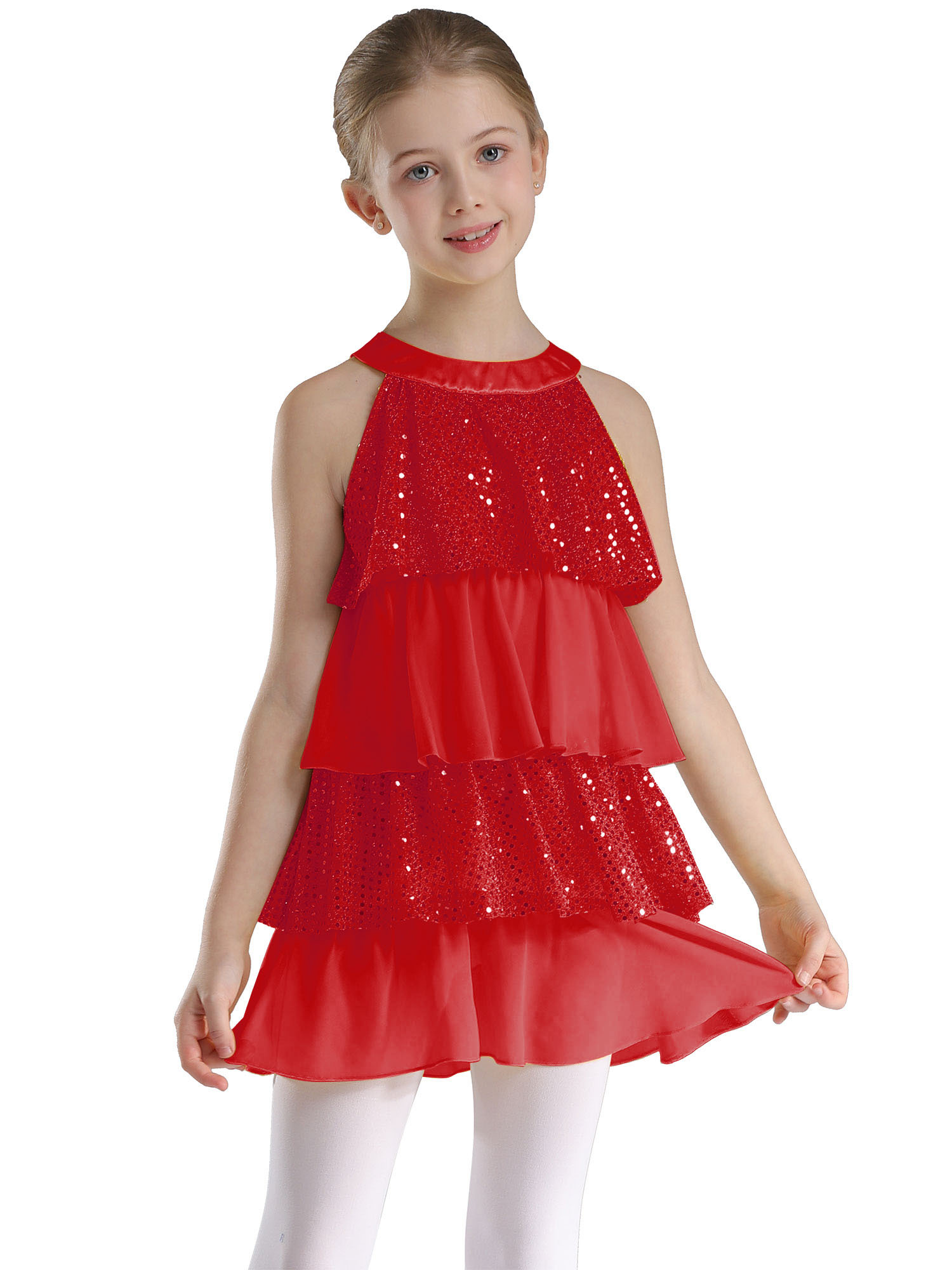 Doomiva Kids Girls Sparkly Sleeveless Tiered Modern Jazz Latin Dance ...
