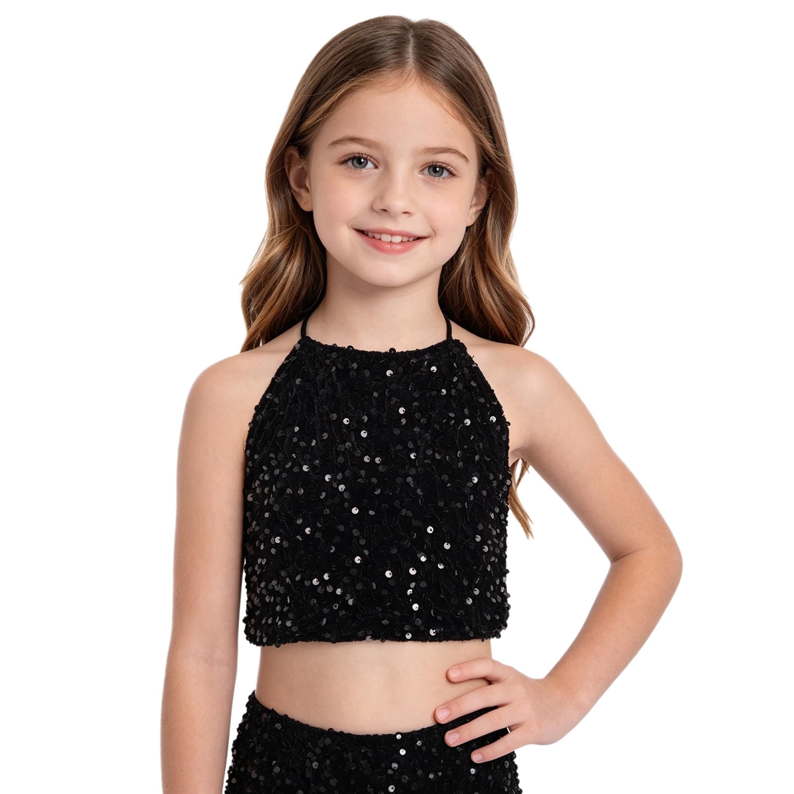 Doomiva Kids Jazz Dance Belly Top Streetwear Sequin Sleeveless Hip Hop ...