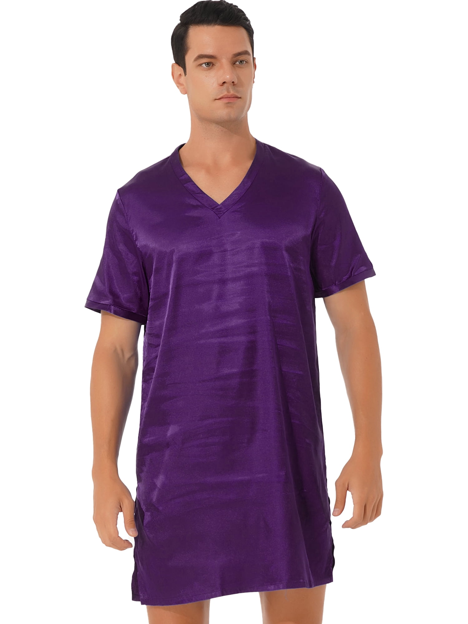 Doomiva Men Nightshirt Satin Nightwear Comfy V-Neck Short Sleeve Loose ...