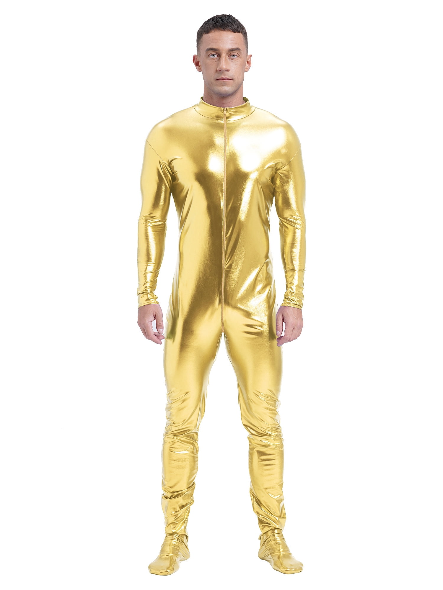 Doomiva Men’s Glossy Shiny Zipper Unitard Sparkly Dance Bodysuits Long ...