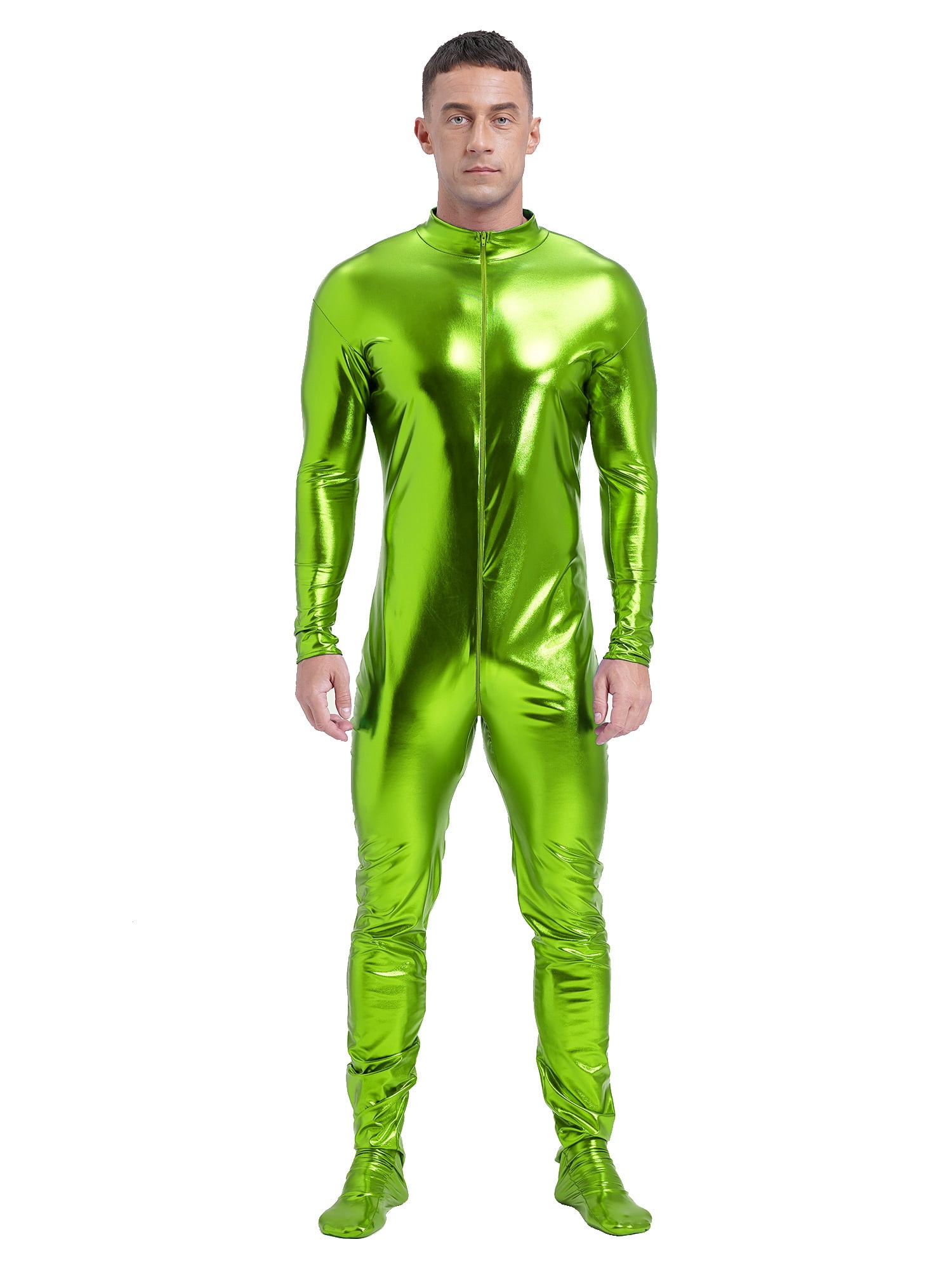 Doomiva Men’s Glossy Shiny Zipper Unitard Sparkly Dance Bodysuits Long ...