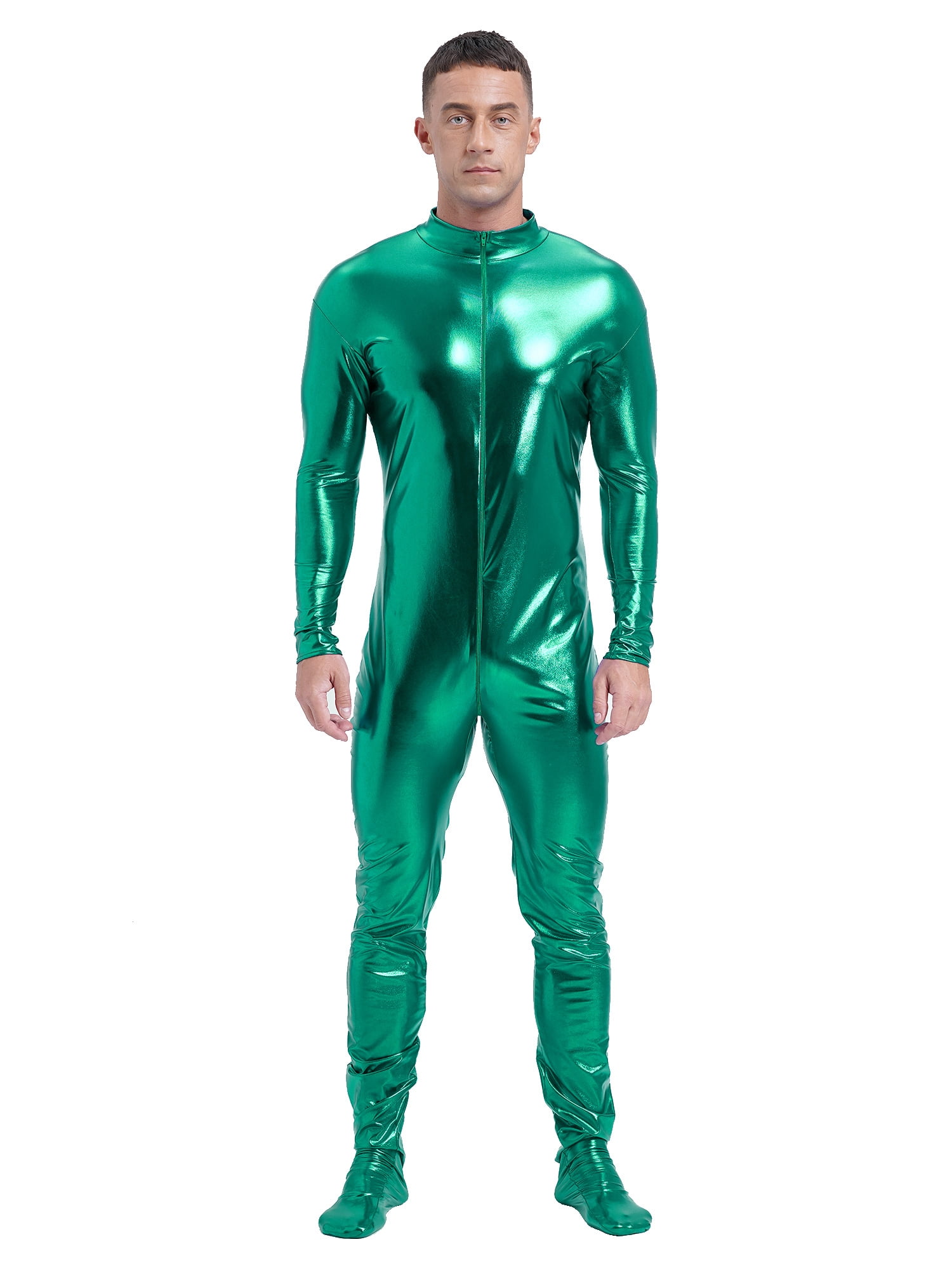 Doomiva Men’s Glossy Shiny Zipper Unitard Sparkly Dance Bodysuits Long ...