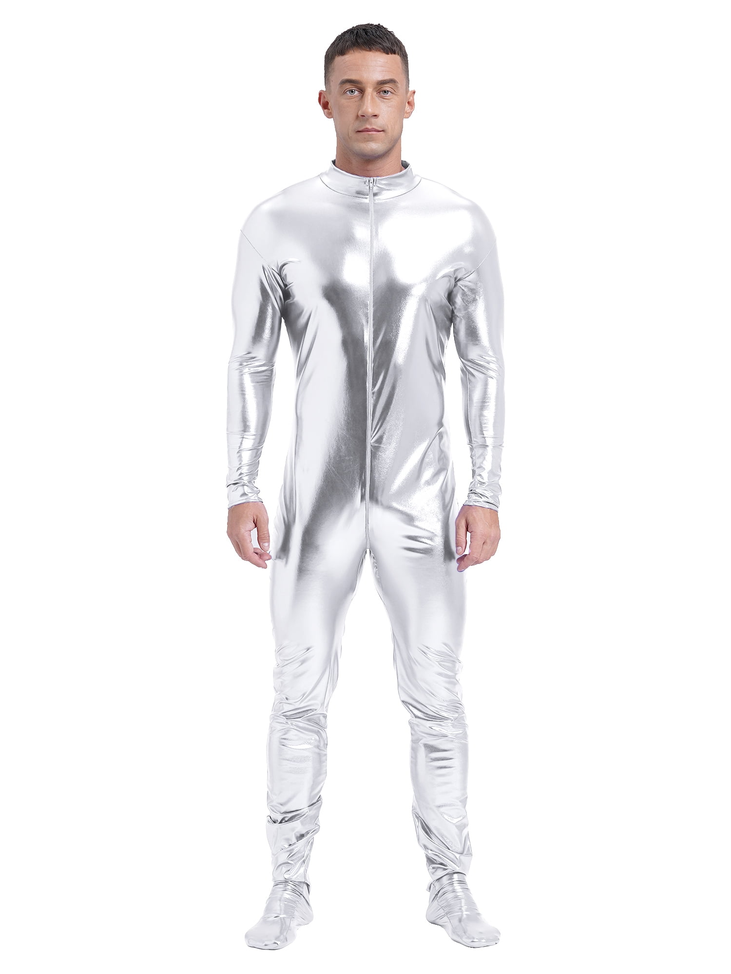 Doomiva Men’s Glossy Shiny Zipper Unitard Sparkly Dance Bodysuits Long ...