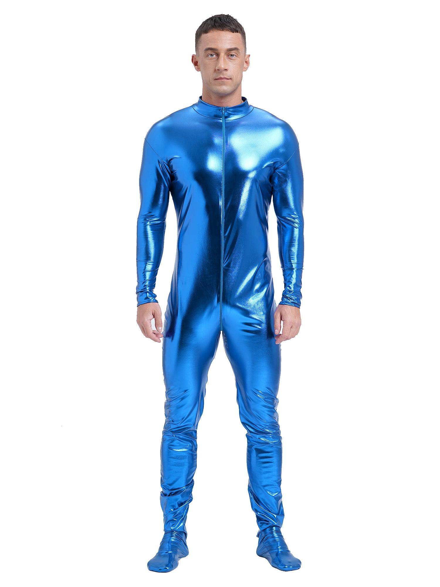 Doomiva Men’s Glossy Shiny Zipper Unitard Sparkly Dance Bodysuits Long ...