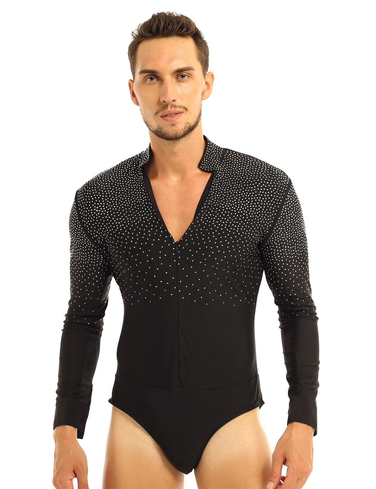 Doomiva Men's Shiny Rhinestones Unitard Long Sleeve Ballroom Modern ...