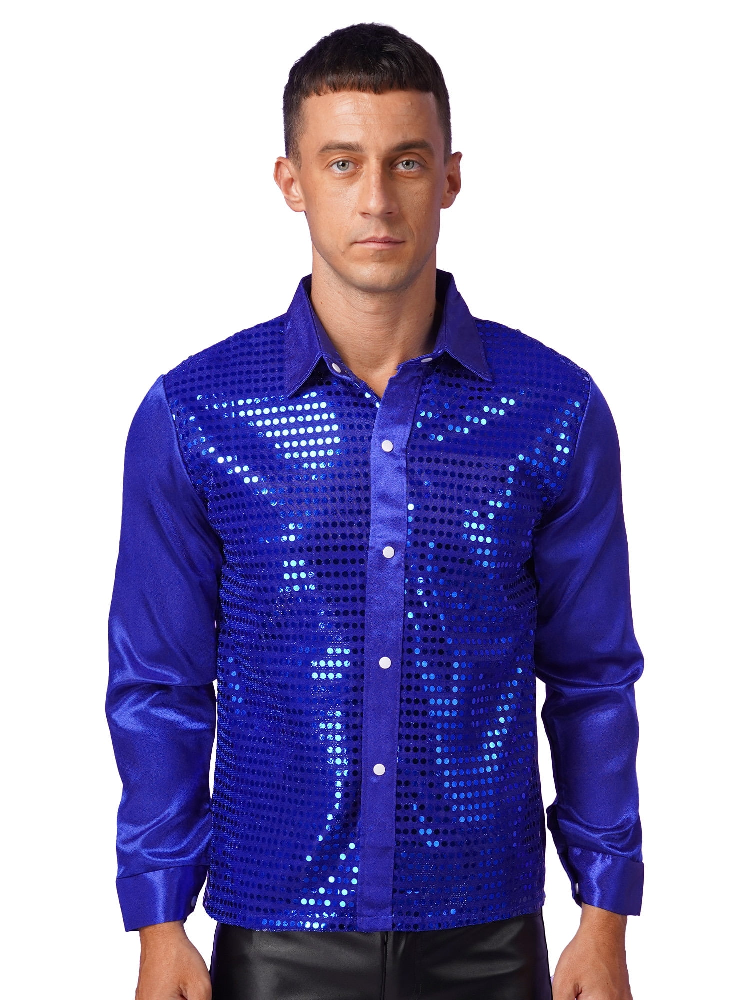Doomiva Men's Shiny Sequins Design Silk Like Satin Button Up Disco ...