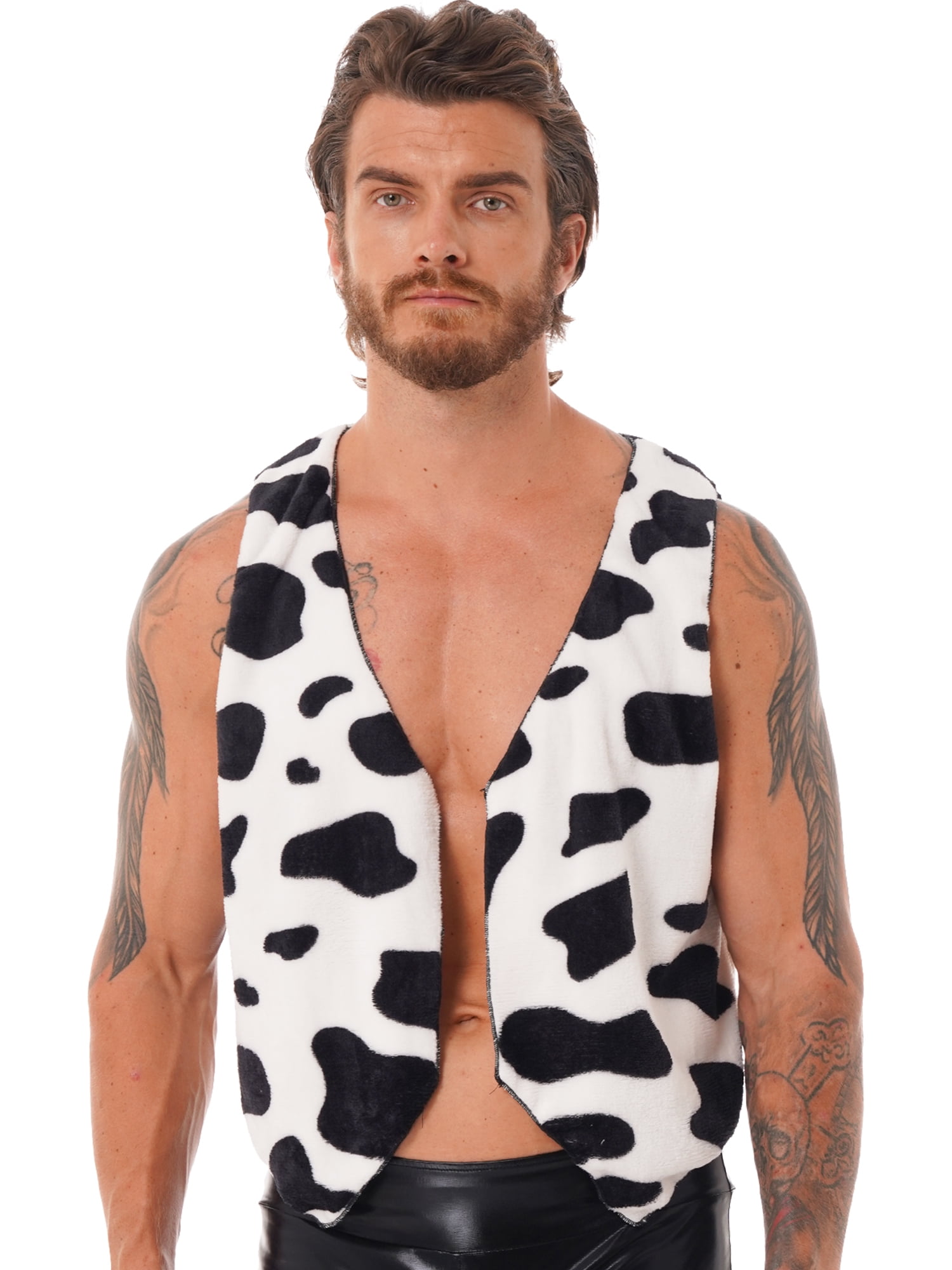 Doomiva Mens Cow Print Vest Costume Sleeveless Open Front Short Coats ...