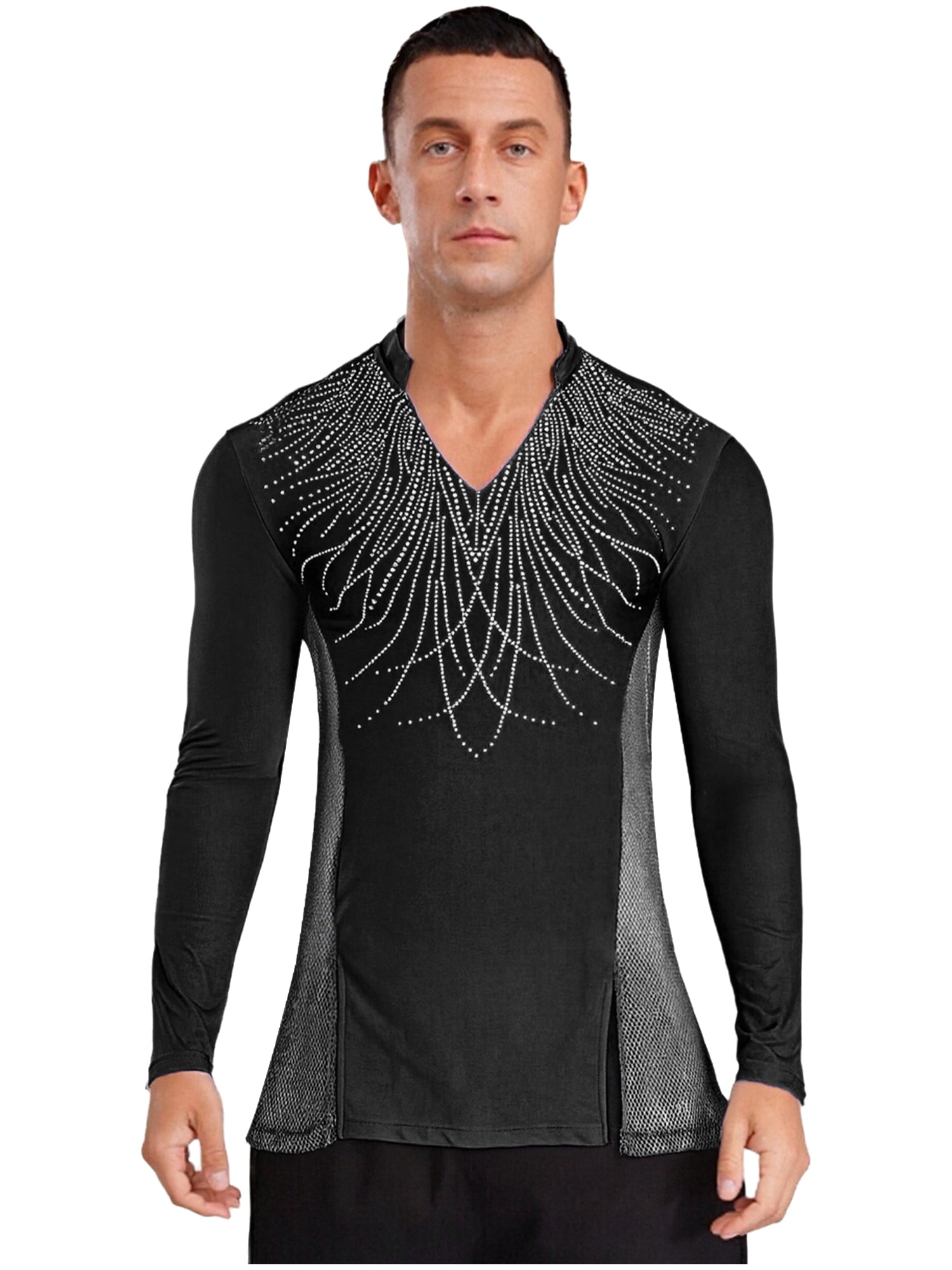Doomiva Mens Latin Ballet Dance Top Glittery Rhinestones Lapel V Neck ...