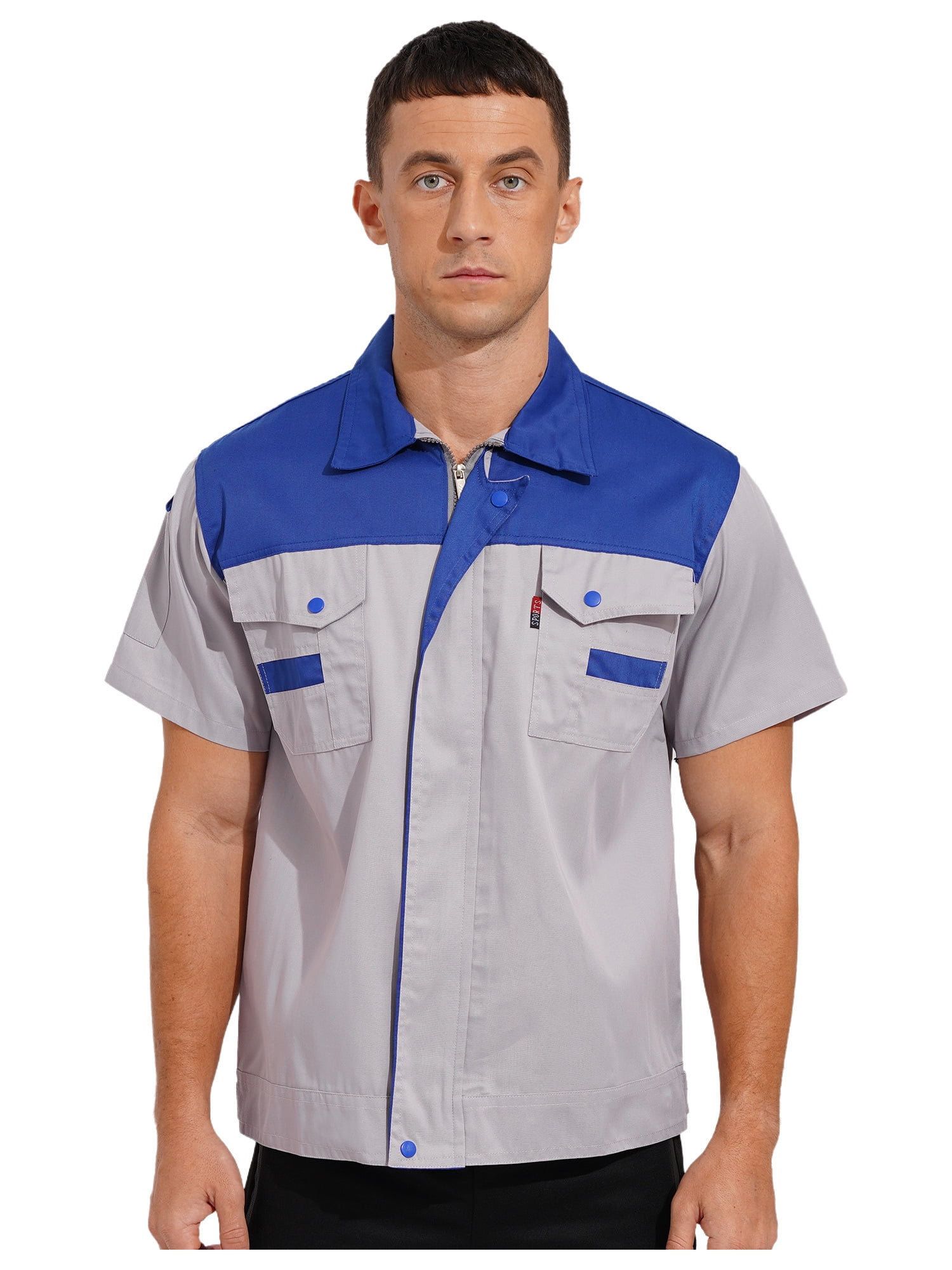 Doomiva Mens Short Sleeve Collar Work Shirt Zipper Button Pockets ...