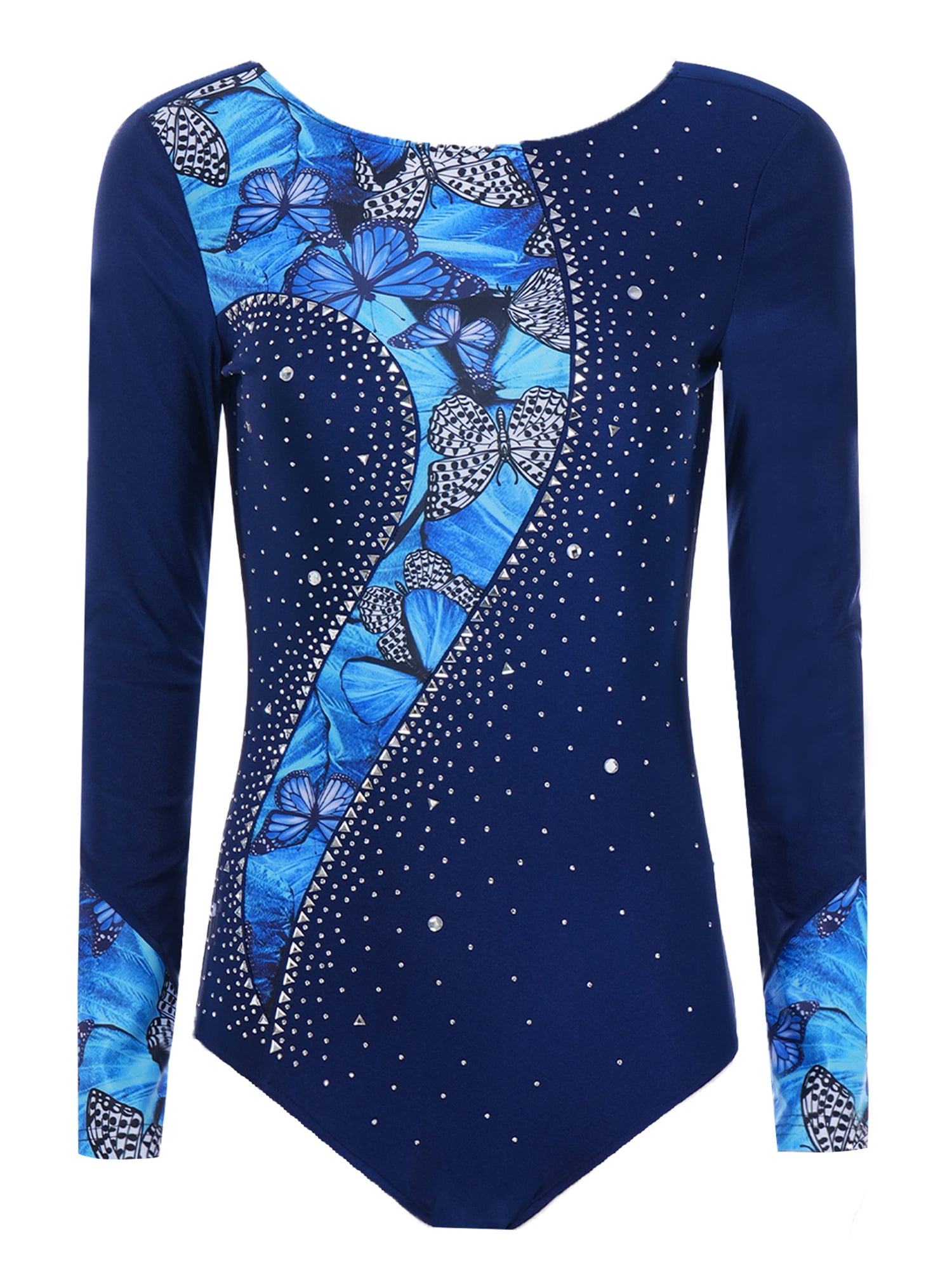 Doomiva Women Gymnastics Dance Leotard Print Spliced Rhinestones Figure ...