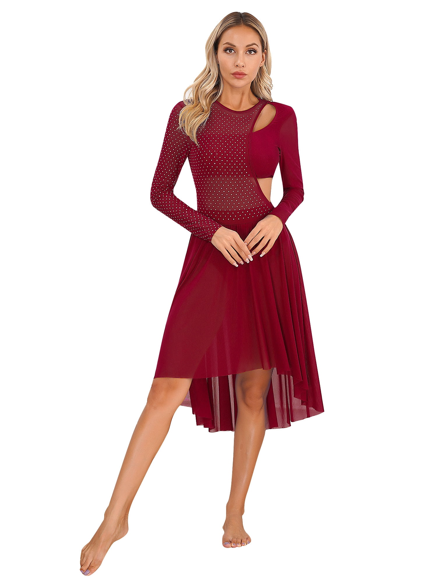 Doomiva Women Lyrical Dance Dress Long Sleeve Asymmetrical Hem Modern ...