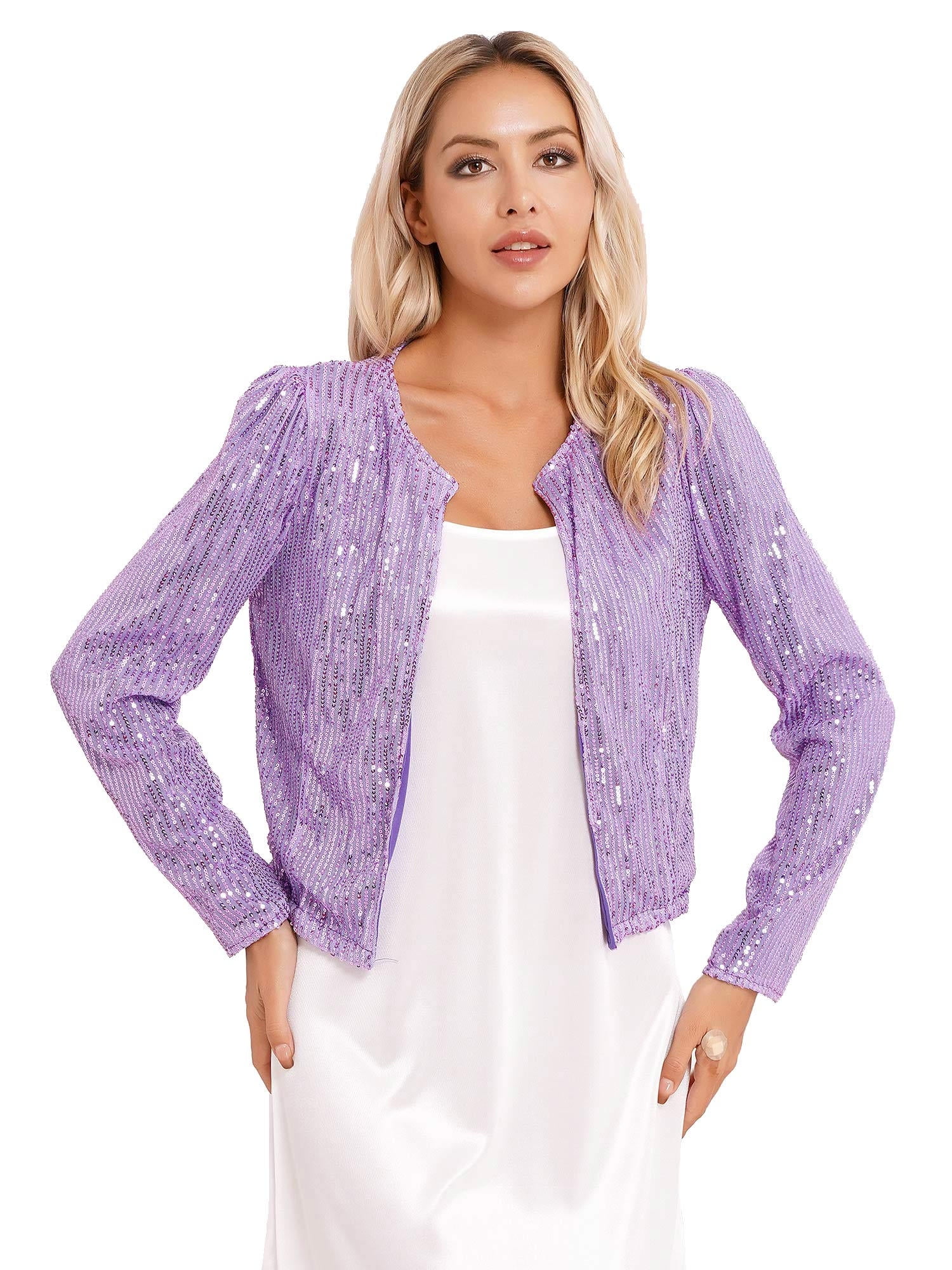 Doomiva Women Sequin Jacket Long Sleeve Sparkly Cropped Blazer Open ...