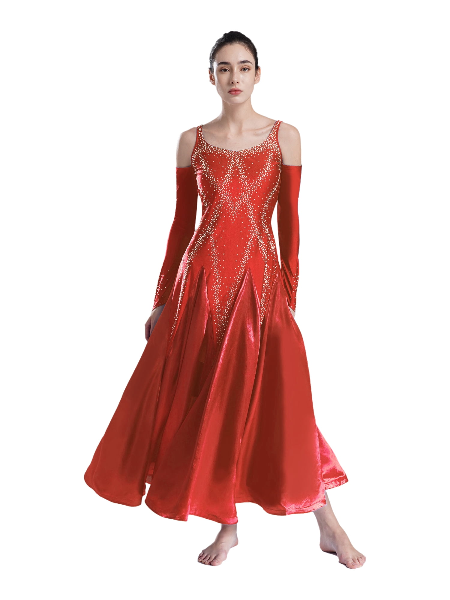 Doomiva Women's Ballroom Dance Dress Rhinestones Flared Dress Long ...