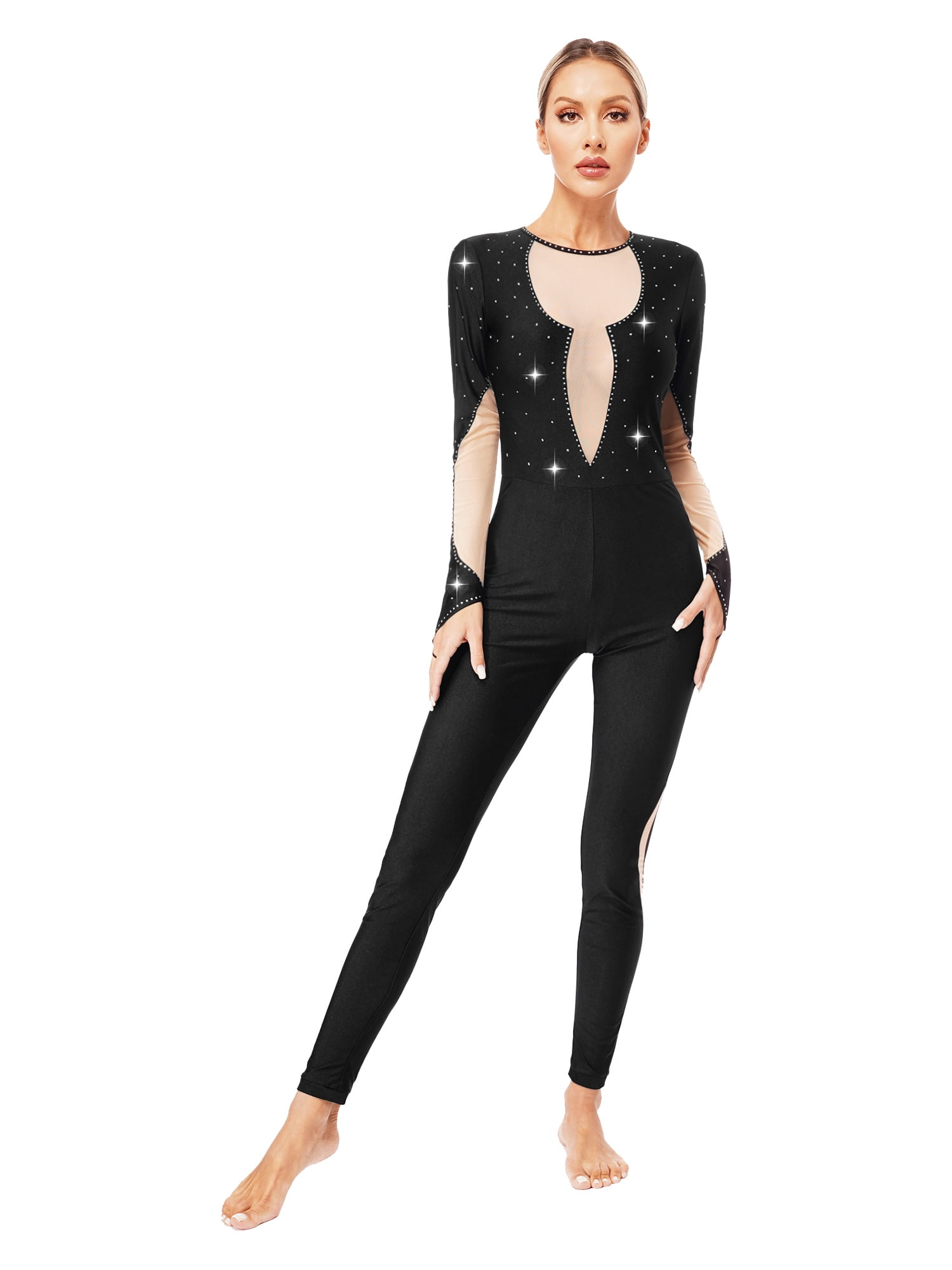 Doomiva Women's Gymnastics Leotard Rhinestone Skating Jumpsuit Full ...