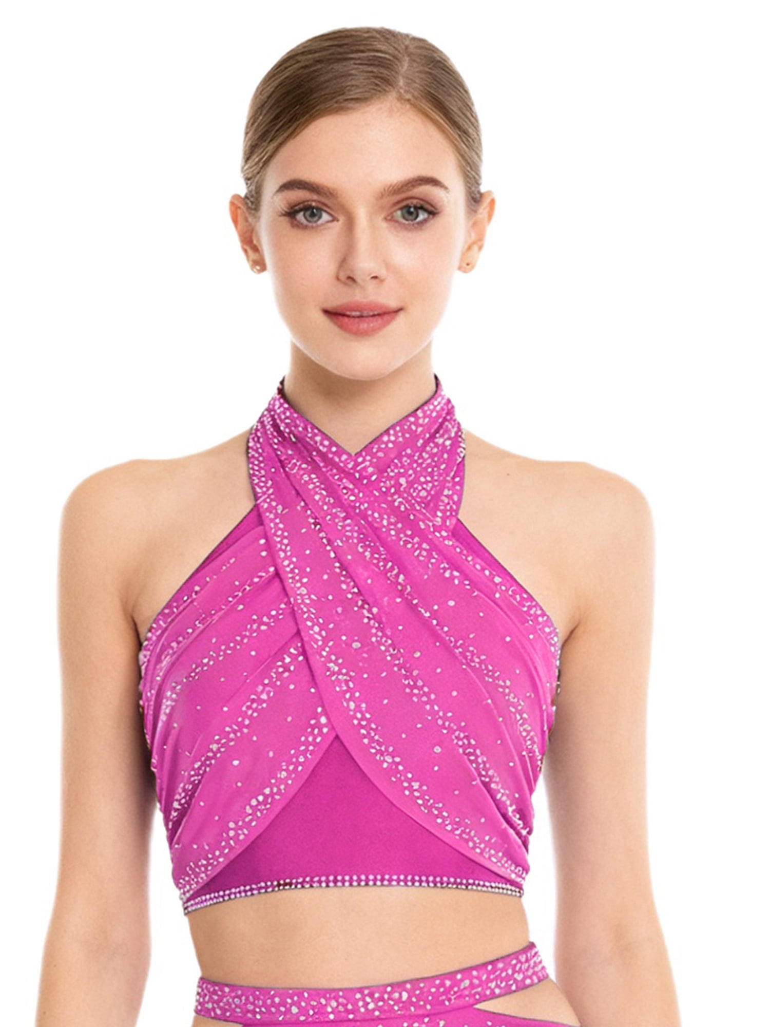 Doomiva Women's Latin Ballroom Dance Tops Halter Sleeveless Shiny Crop ...