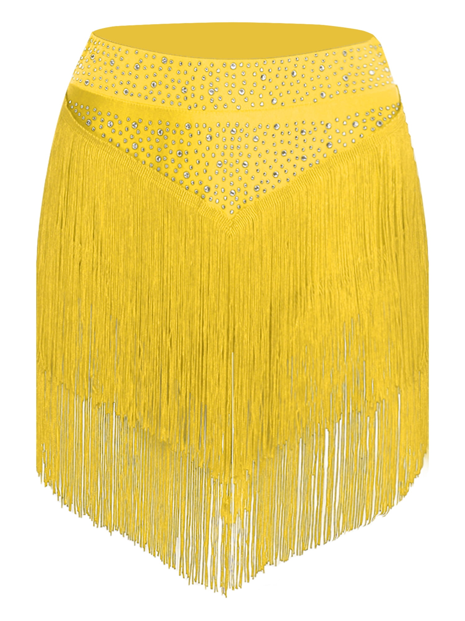 Doomiva Women's Rhinestones Tassels Dance Skirt Elastic Fringed Mini ...