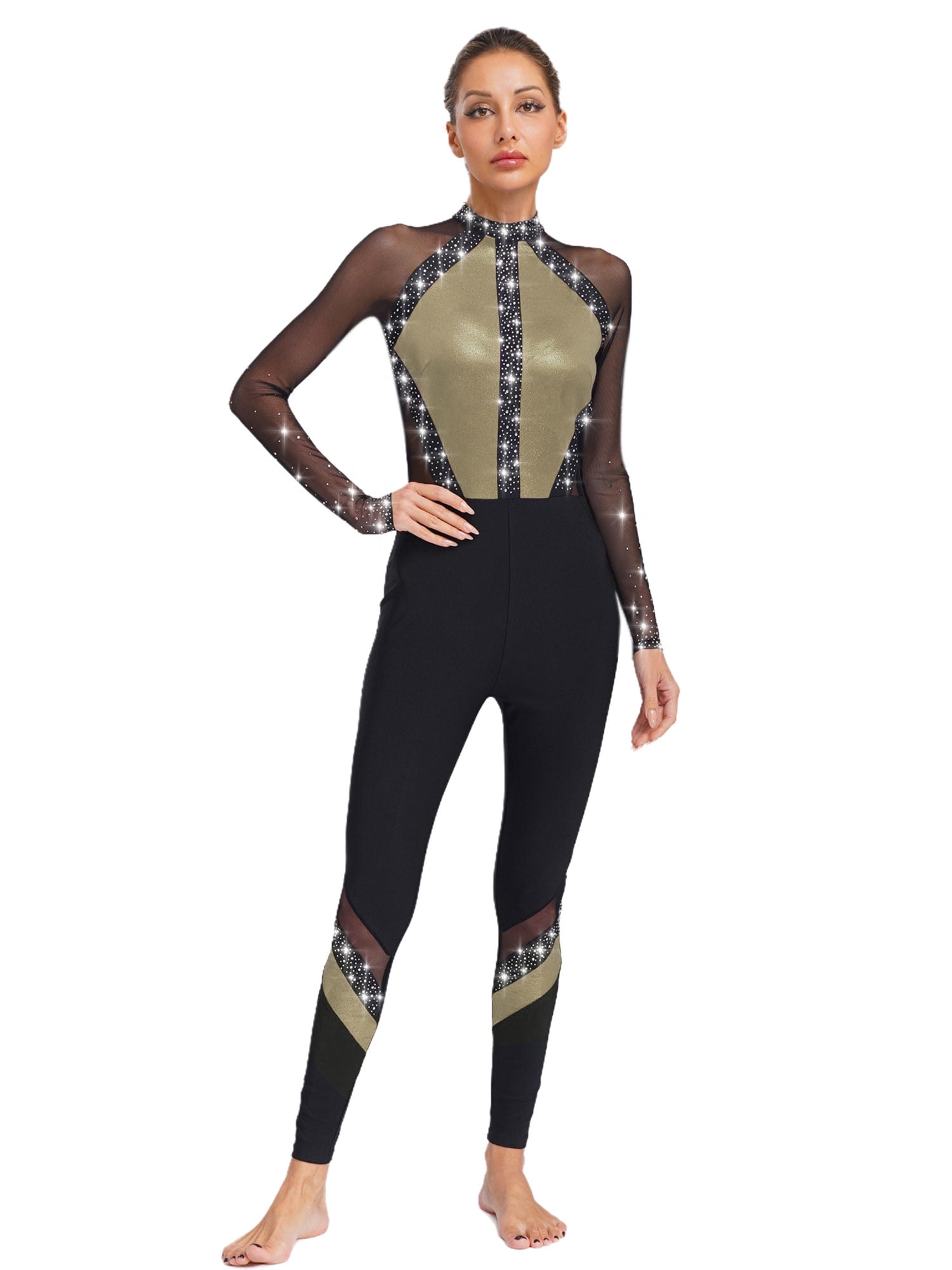 Doomiva Women's Shiny Rhinestone Gymnastics Unitard One Piece Bodysuits ...