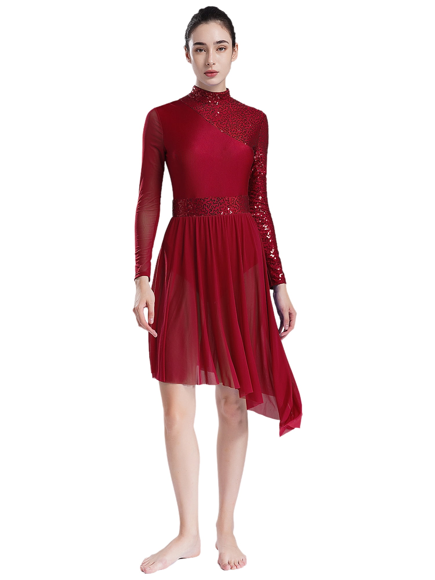 Doomiva Women's Sparkly Sequin Lyrical Dance Dress Long Sleeve Tulle Skirt Leotard Contemporary ...