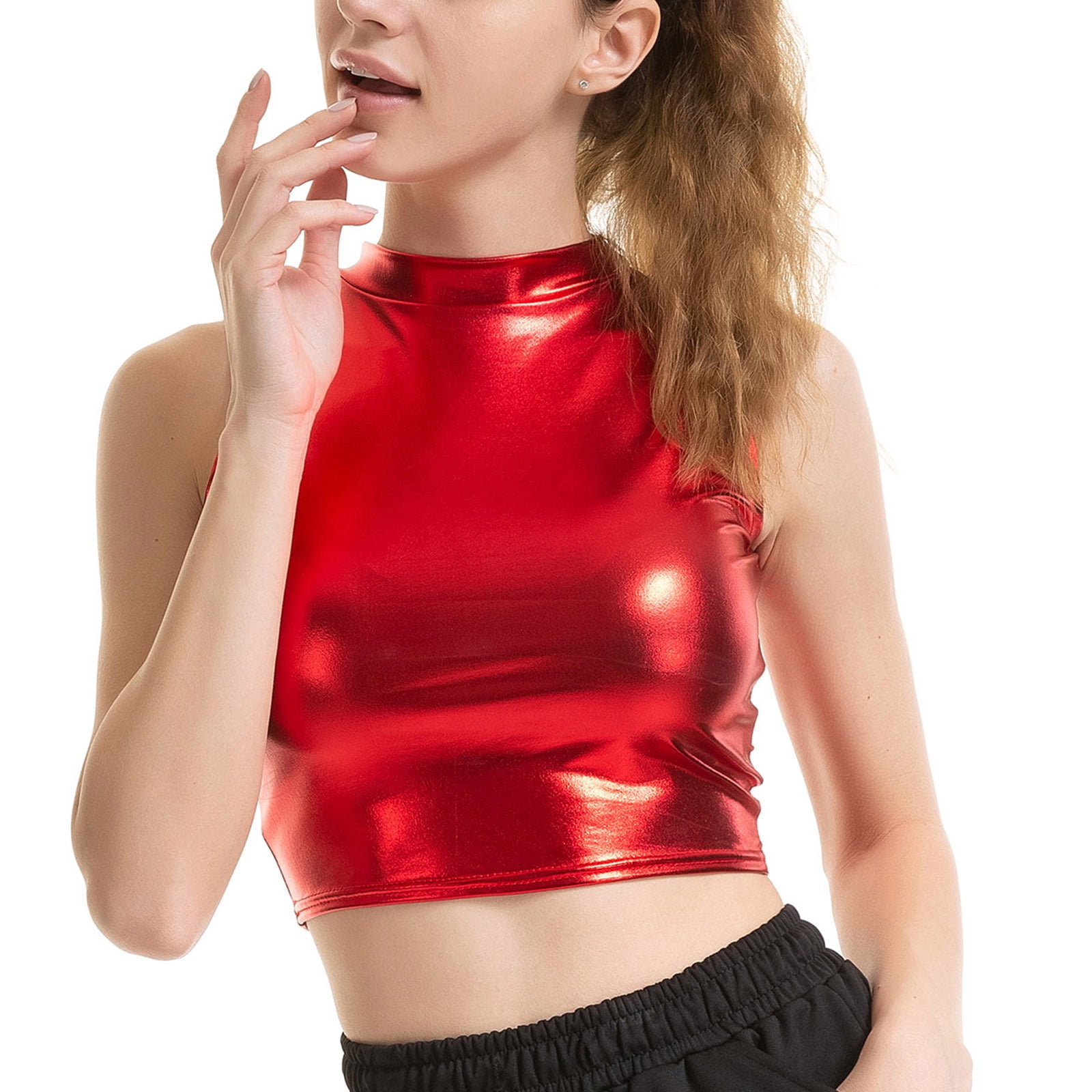Doomiva Women's Stretchy Sleeveless Party Liquid Shiny Metallic ...