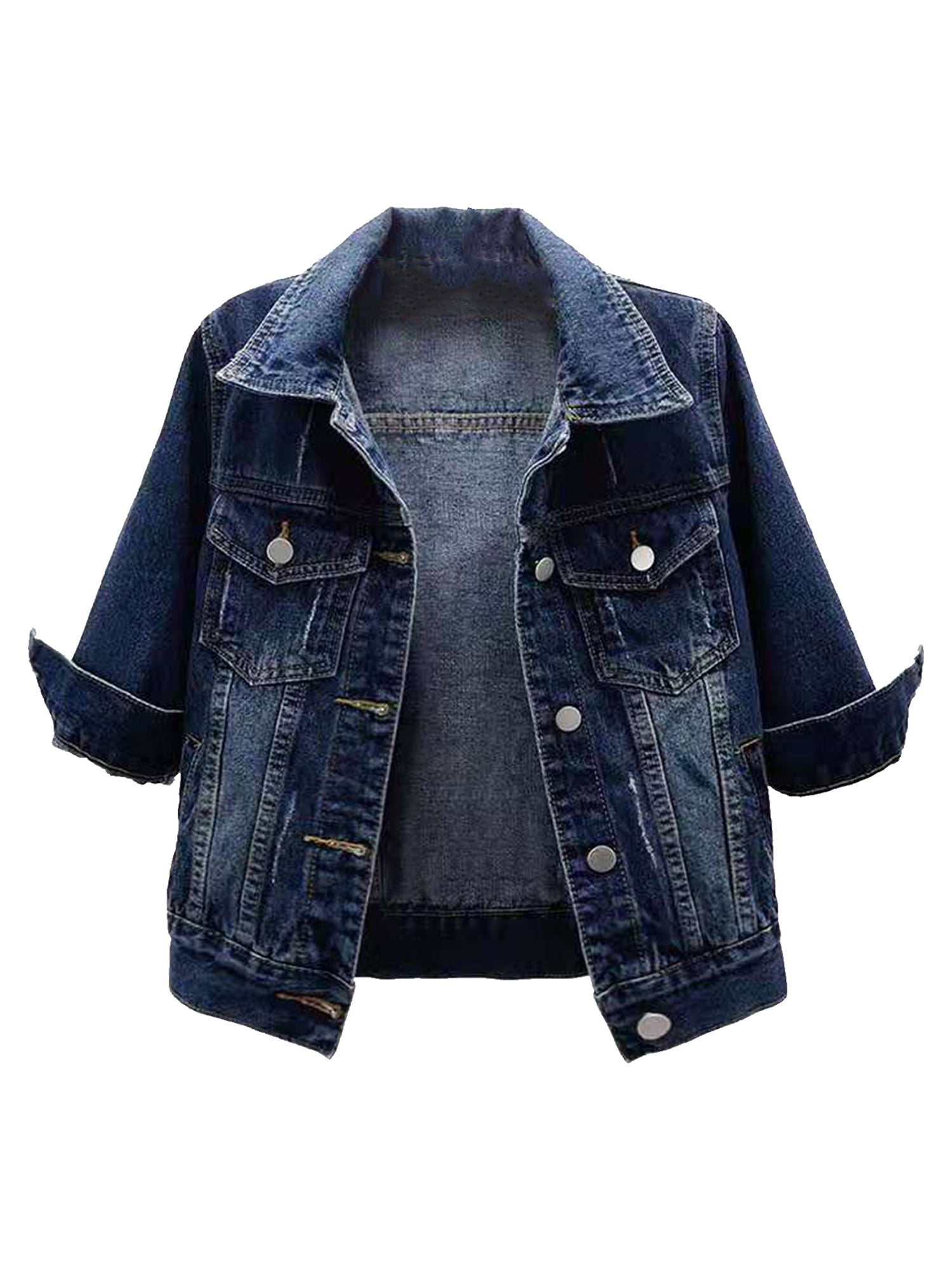 Doomiva Womens 3/4 Sleeve Short Denim Jacket Lapel Button Down Cropped ...