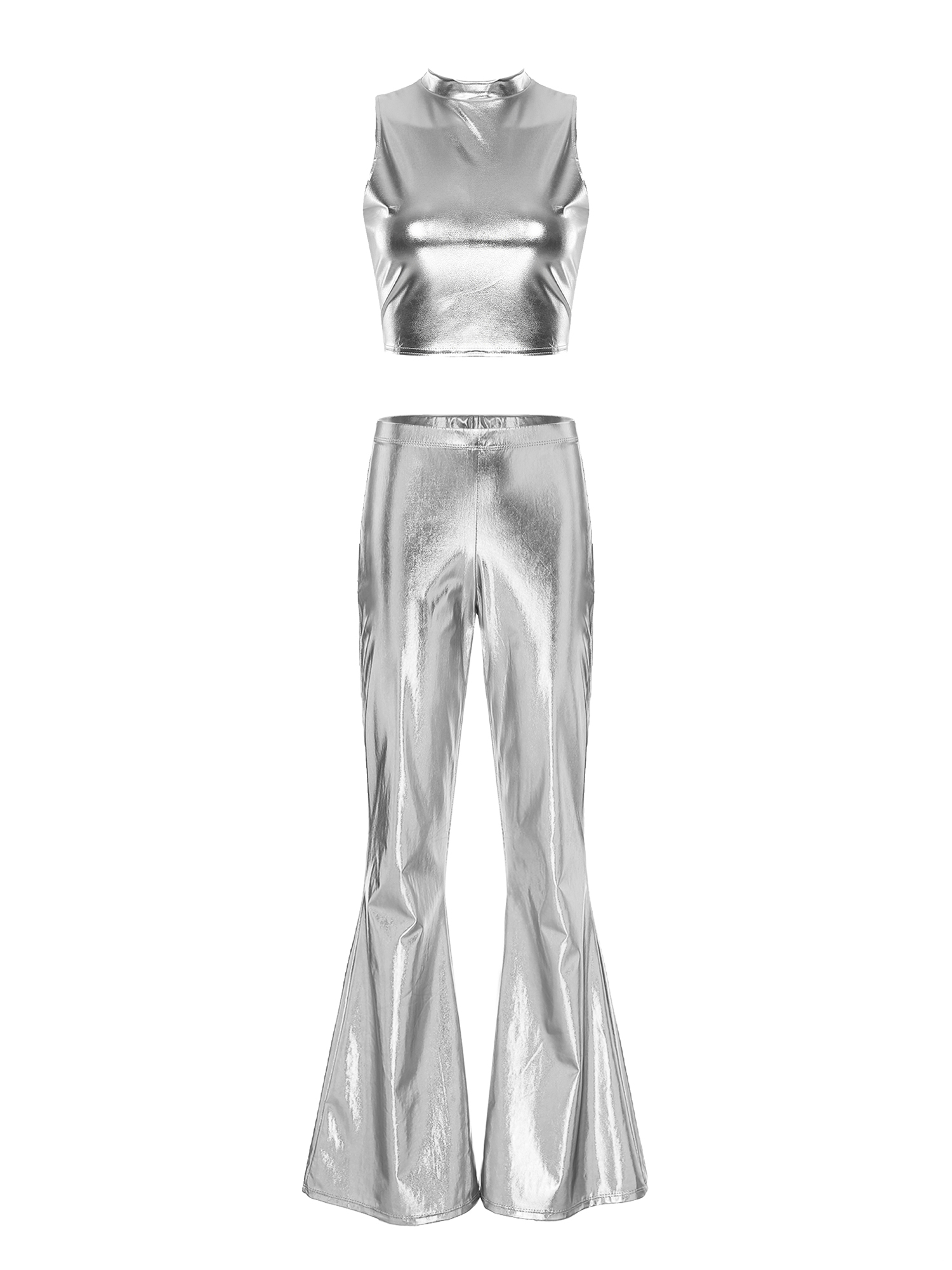 Doomiva Womens 70s Disco Vintage Dance Outfits PVC Leather Crop Tank ...
