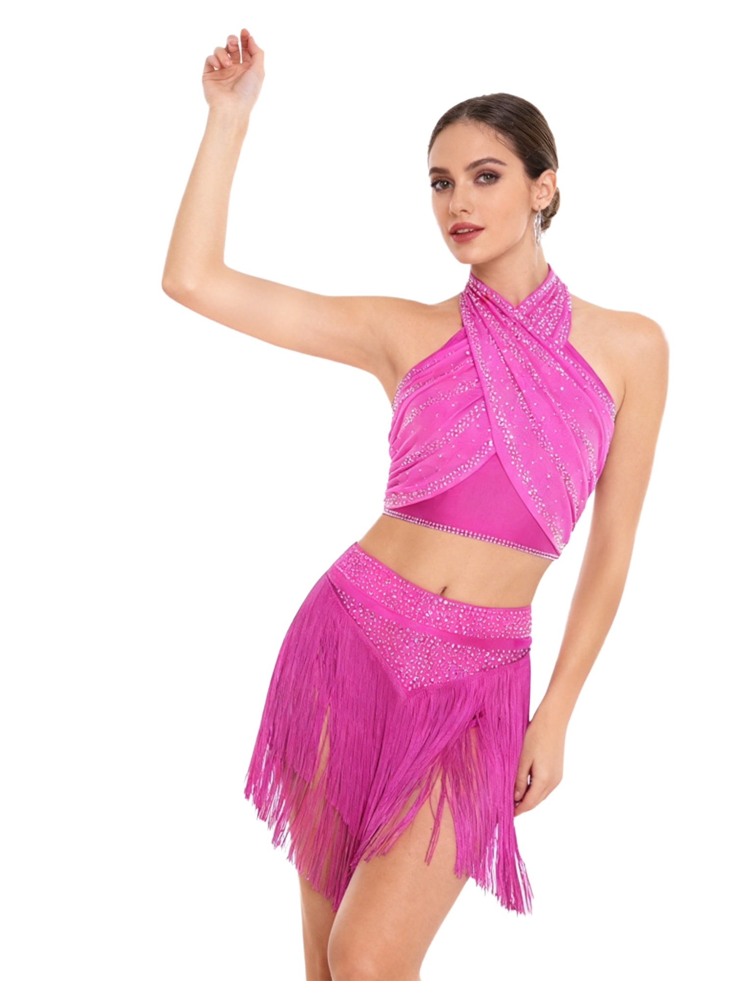 Doomiva Womens Chacha Dance Outfit Halter Backless Shiny Ruched Crop ...