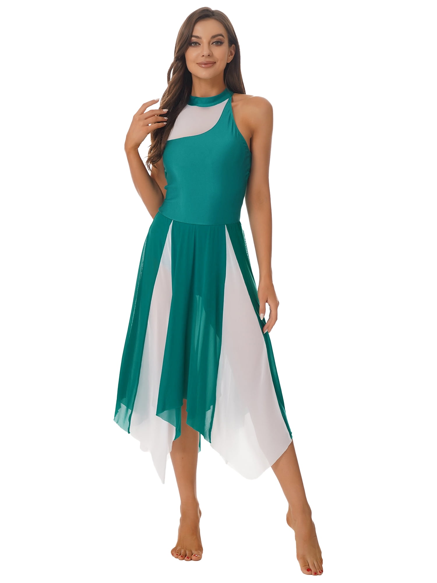Doomiva Womens Color Block Halter Split Sheer Mesh Irregular Hem Dance Performance Leotard Dress ...