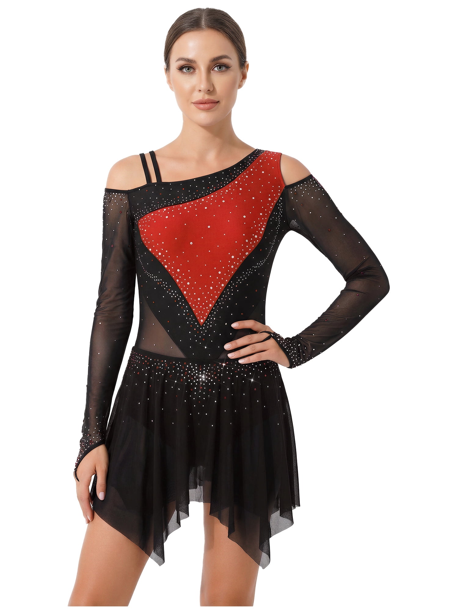 Doomiva Womens Figure Skating Dress Ballet Leotard Asymmetric Shoulder ...